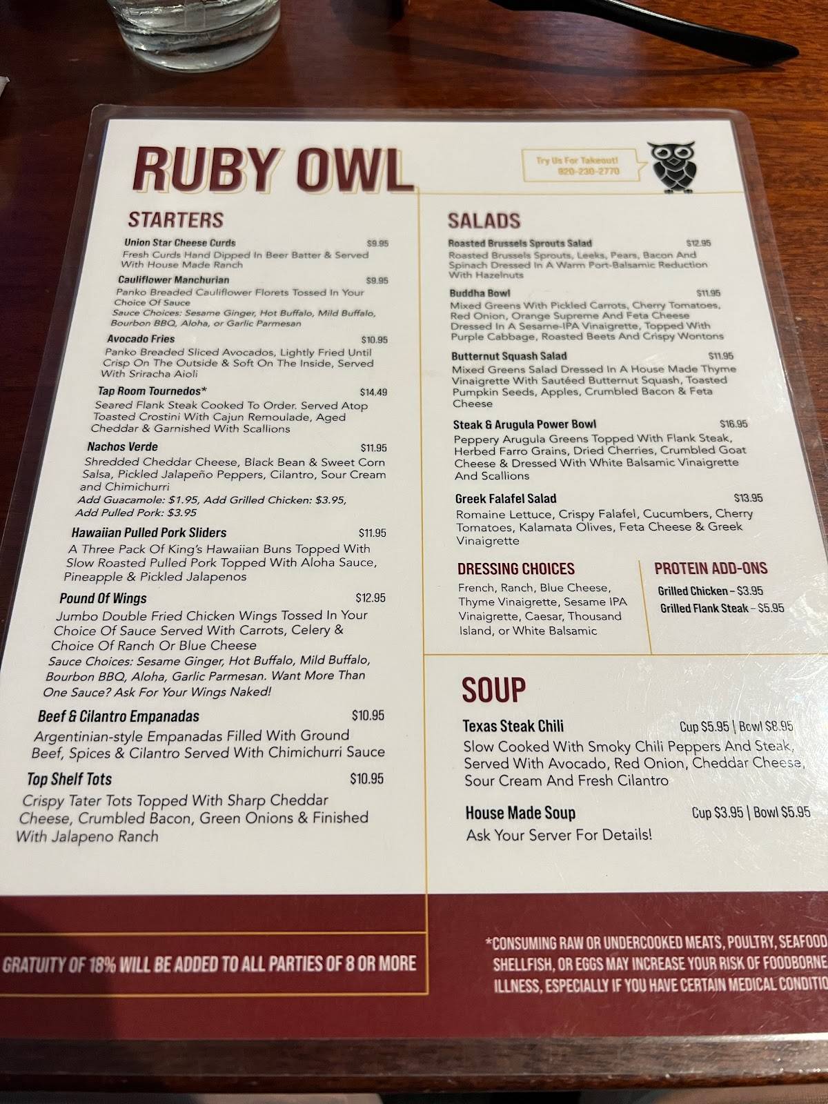 Menu at The Ruby Owl Tap Room pub & bar, Oshkosh