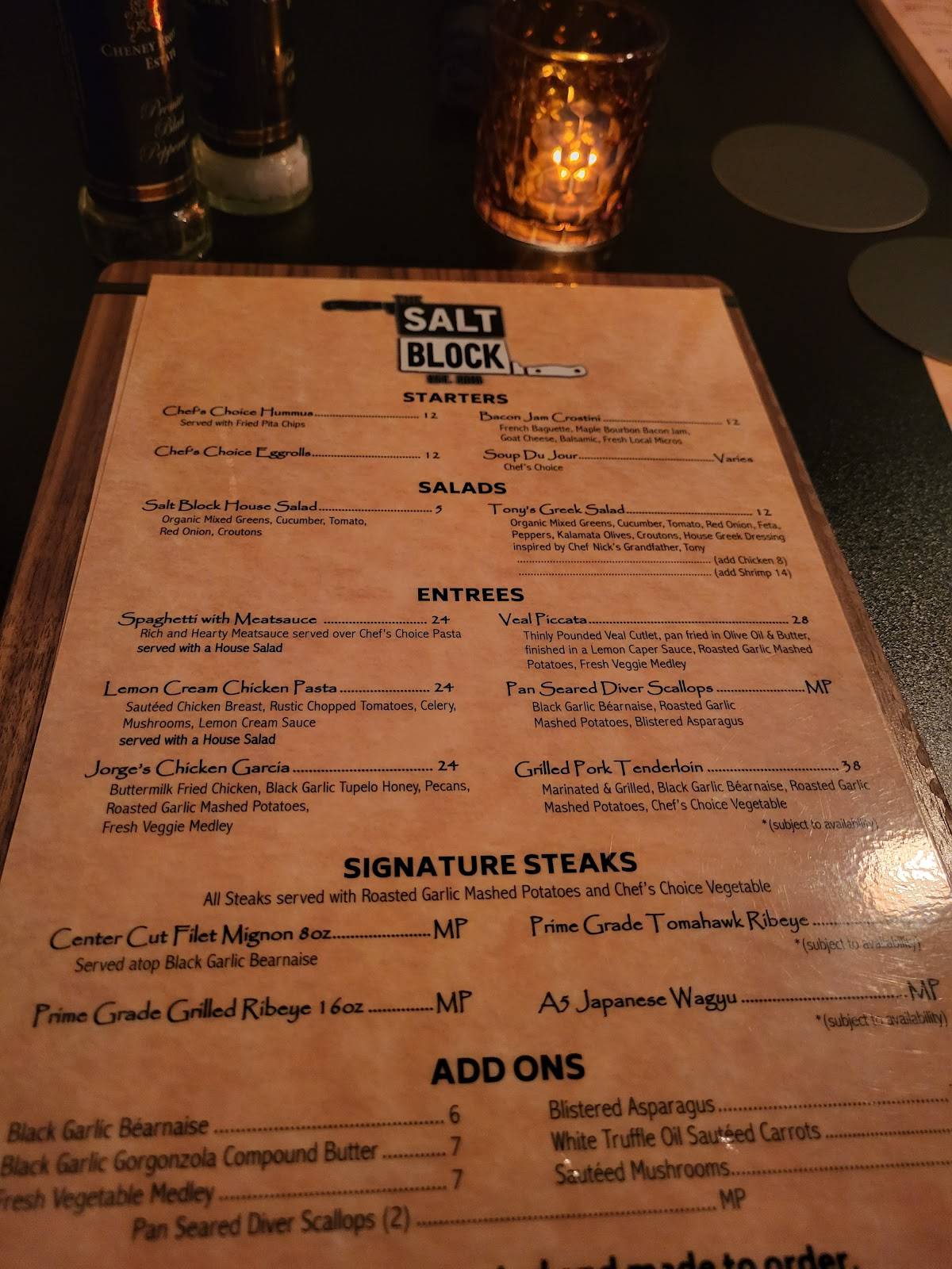 Menu at The Salt Block restaurant, Marianna