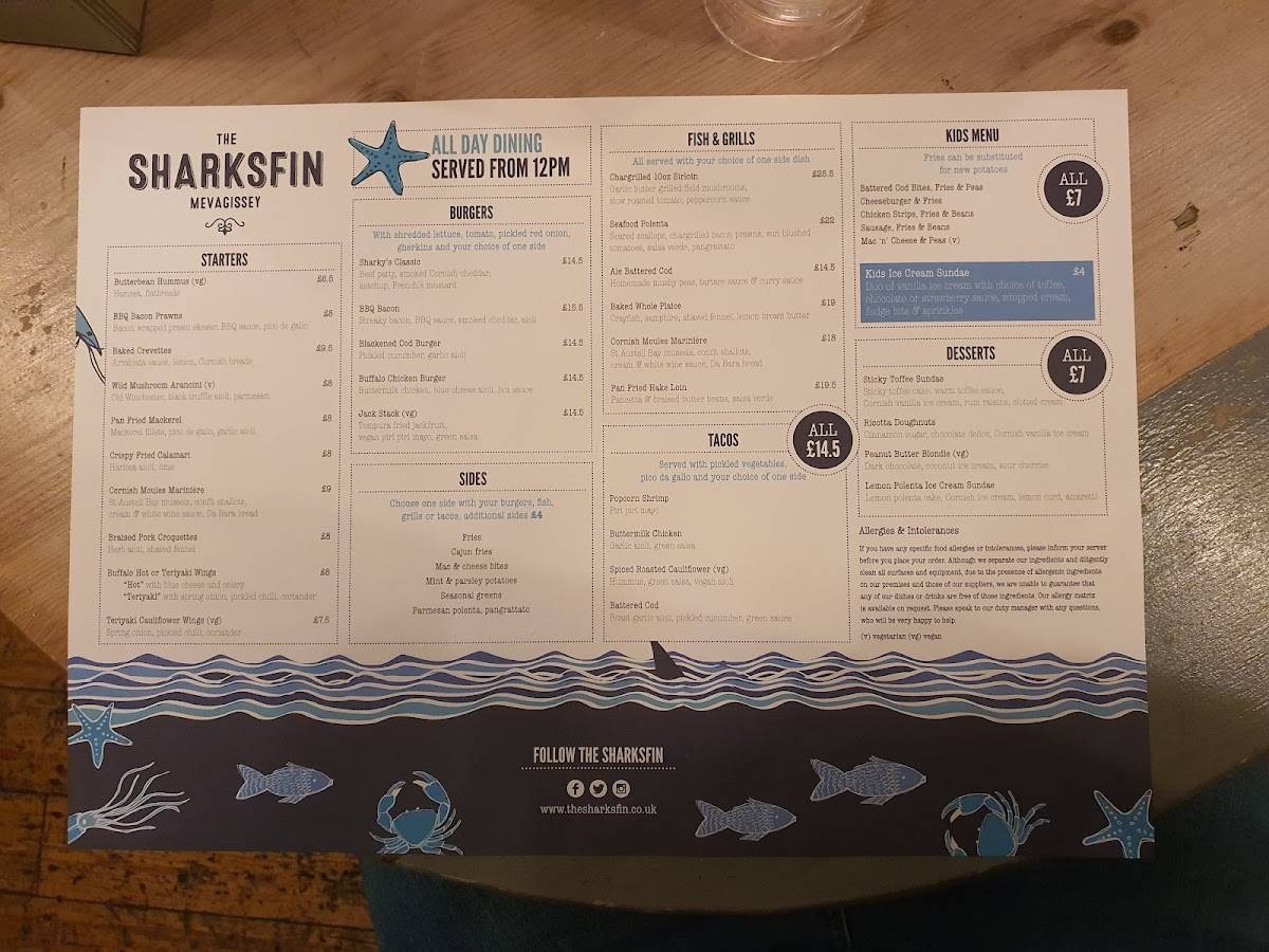 Menu at The Sharksfin pub & bar, Mevagissey, The Quay