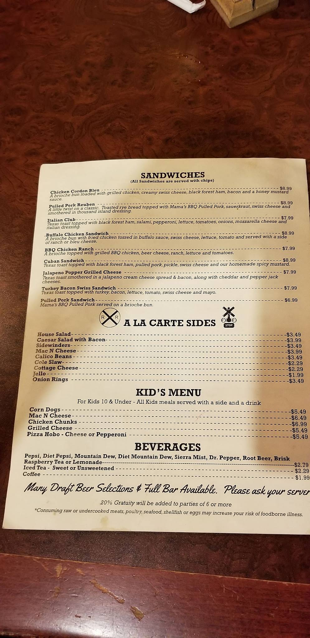 Menu at The Side Rail restaurant, Wapakoneta