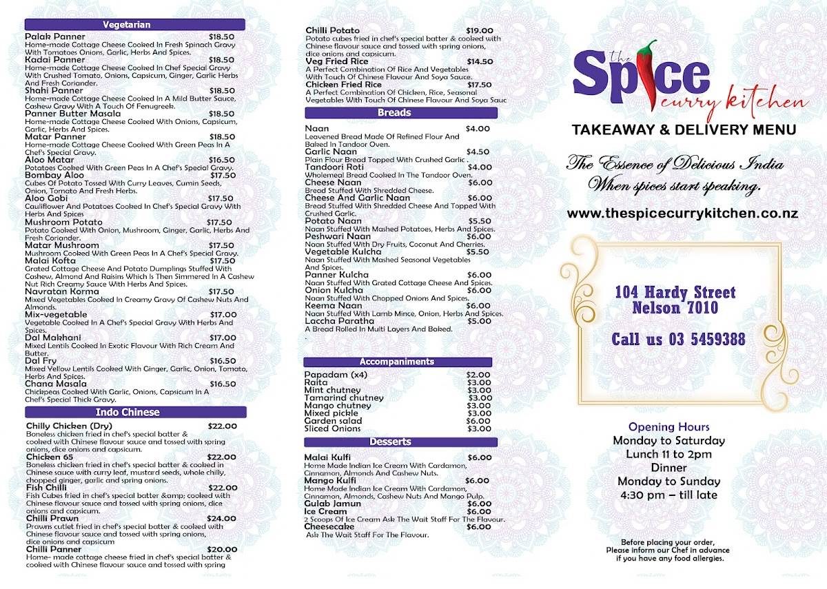 Menu at The Spice Curry Kitchen restaurant, Nelson