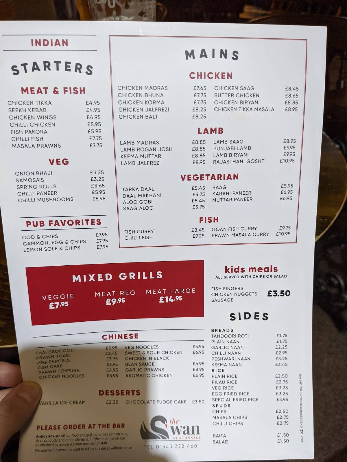 Menu at The Swan at Stonnall pub & bar, Walsall
