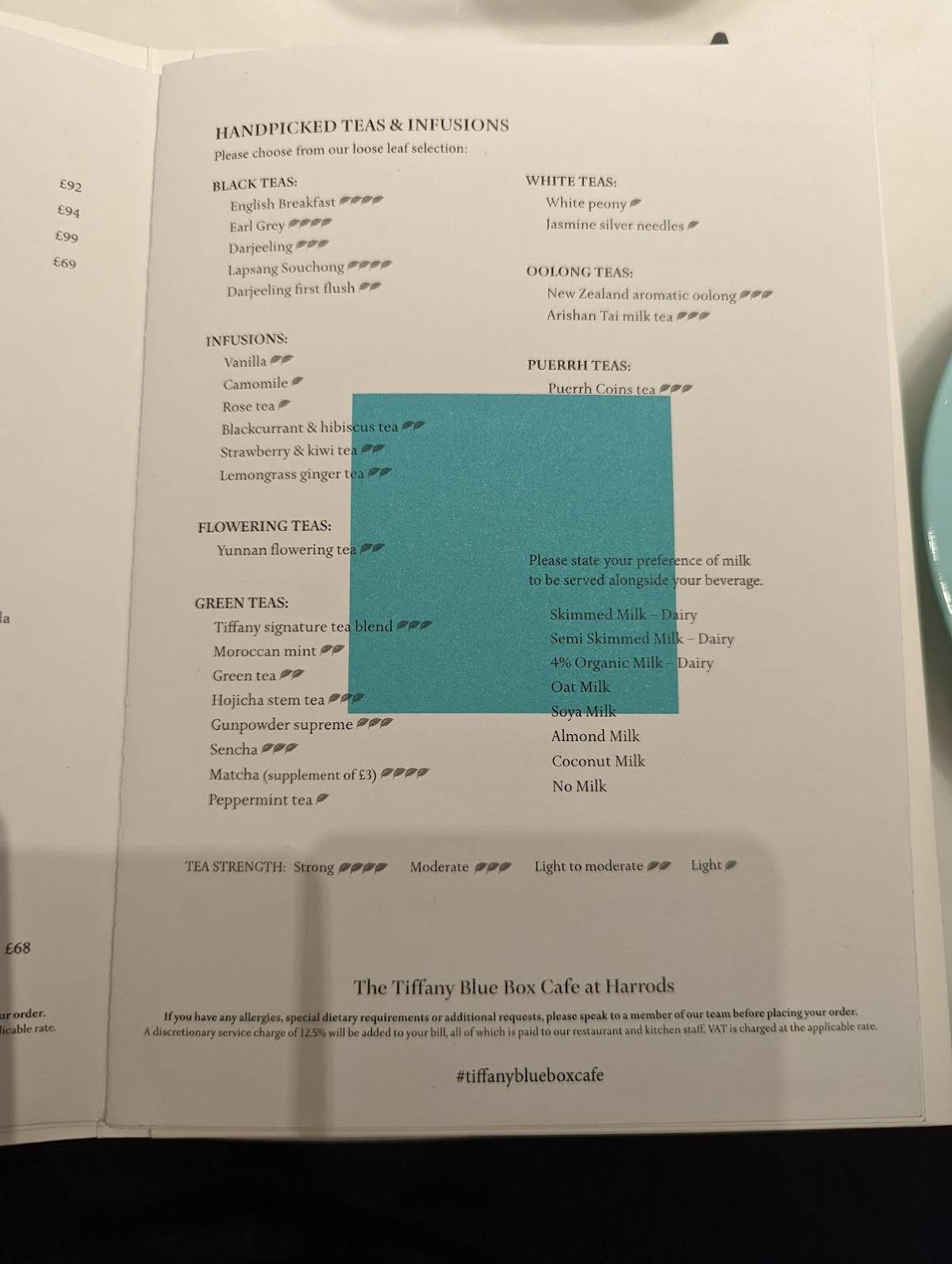 Carta de The Tiffany Blue Box Cafe at Harrods, Londres