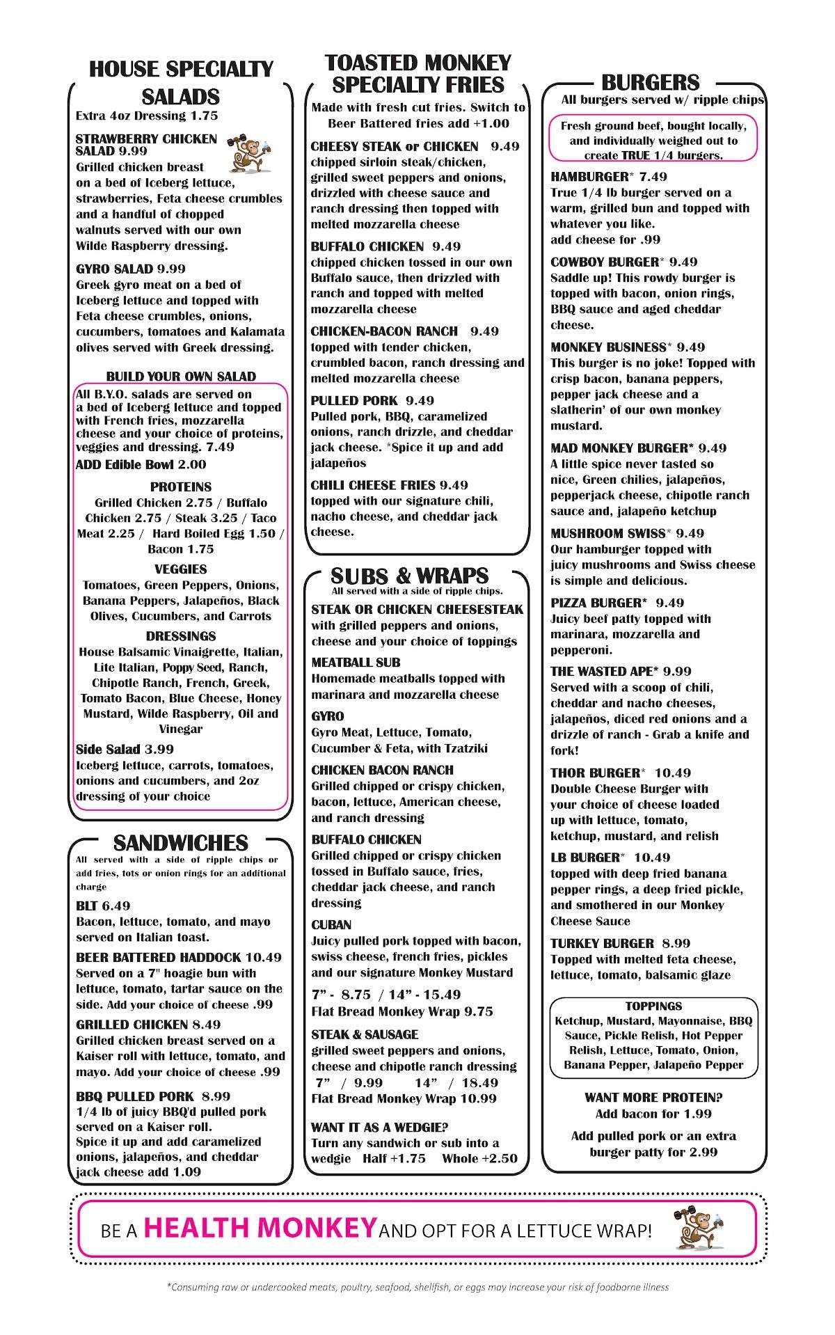 Menu at The Toasted Monkey Restaurant & Tavern, Hyde