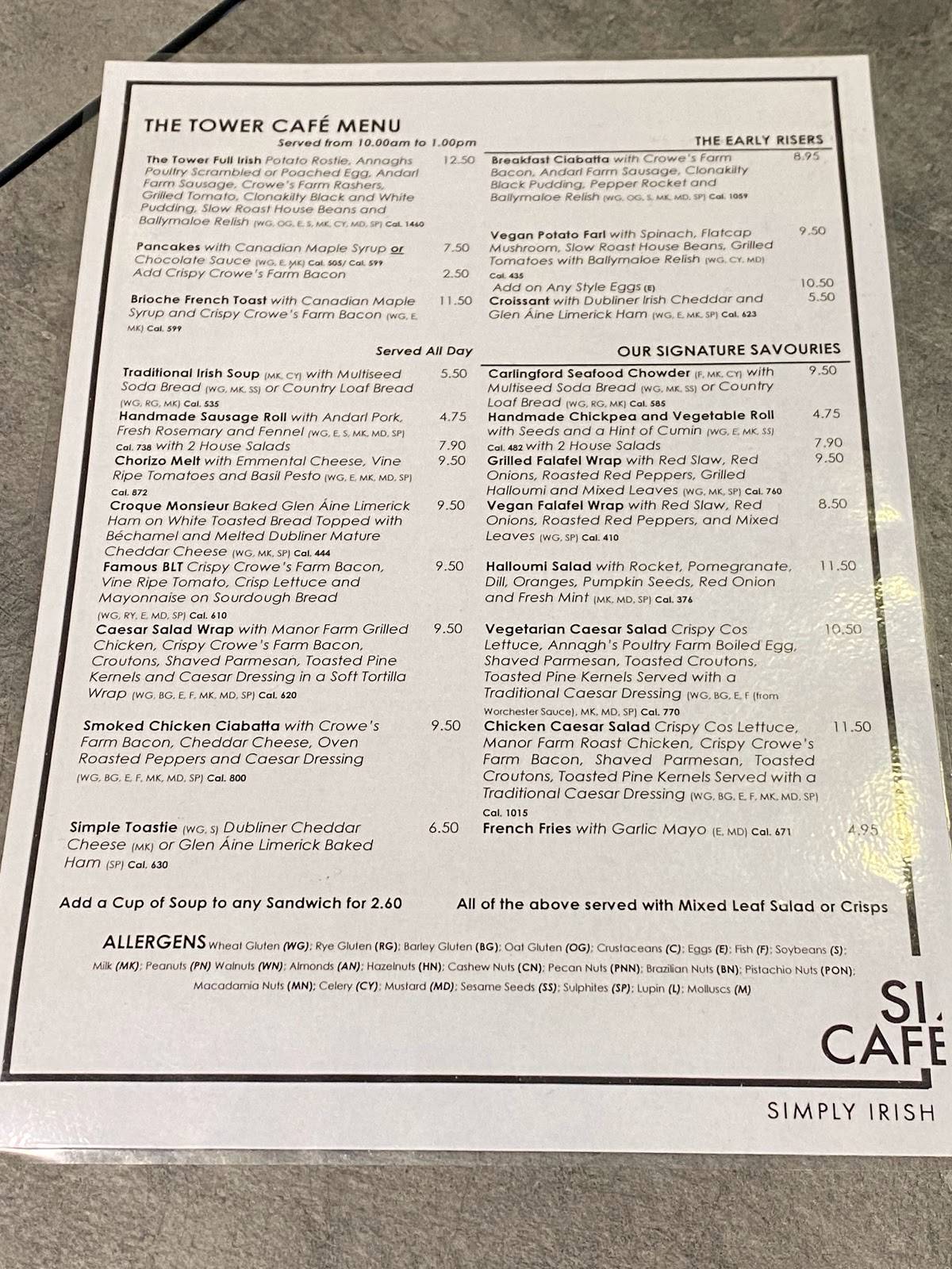 Menu at The Tower Cafe, Dublin, Glasnevin Cemetery