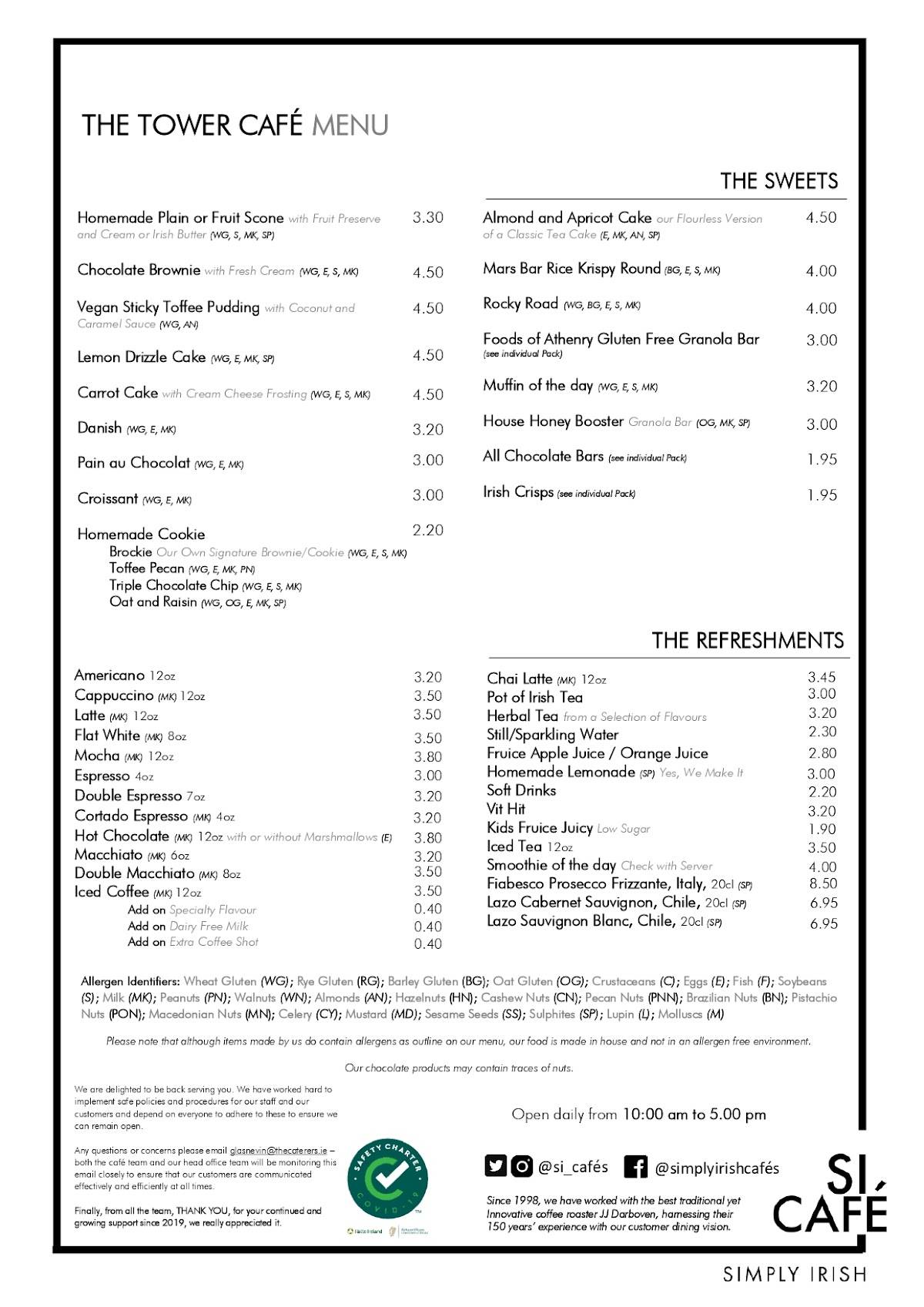 Menu at The Tower Cafe, Dublin, Glasnevin Cemetery