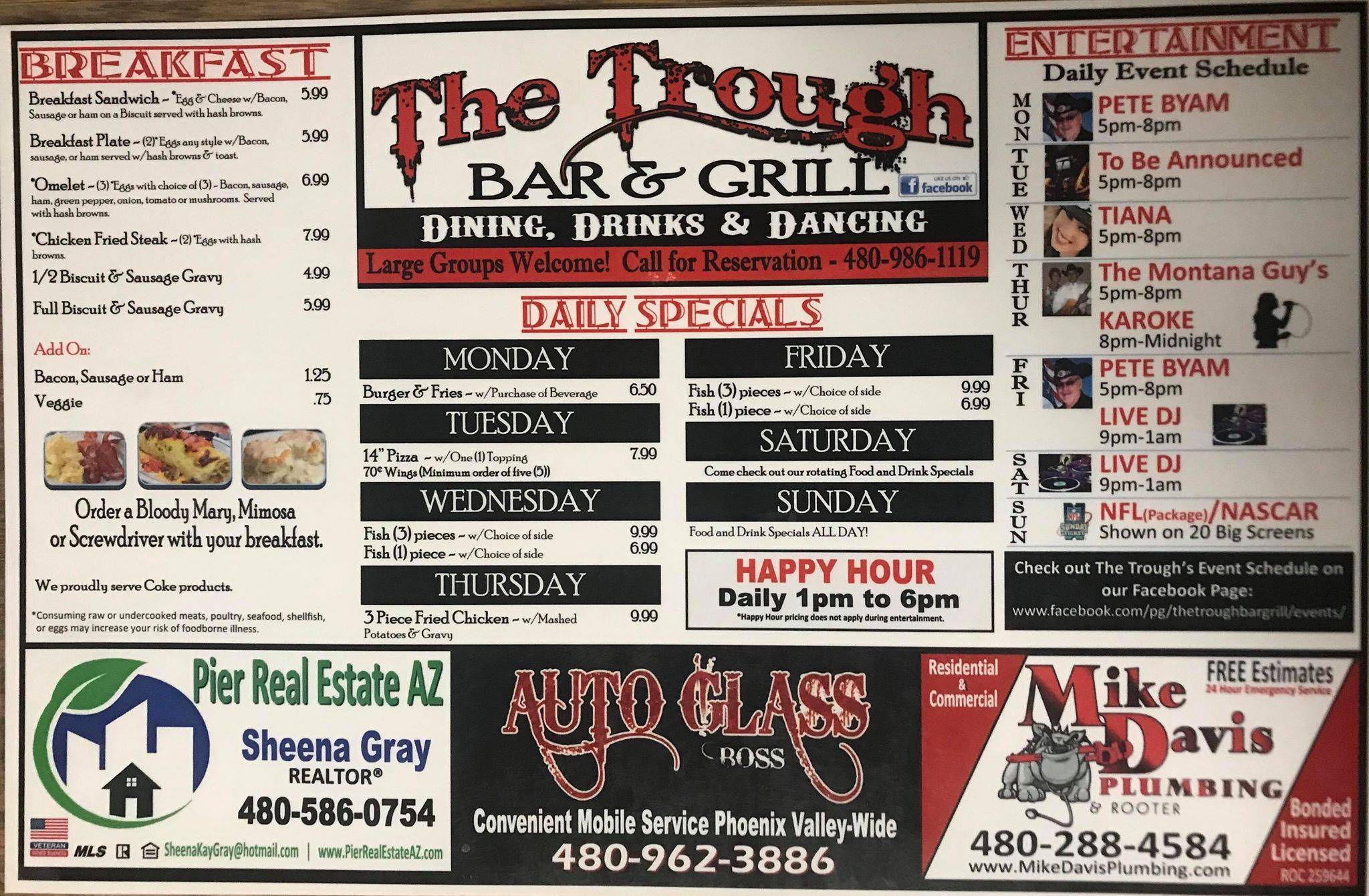 Menu at The Trough pub & bar, Mesa