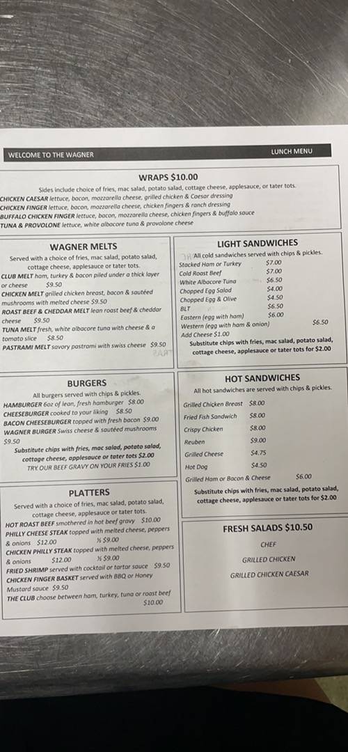 Menu at The Wagner Restaurant, Penn Yan