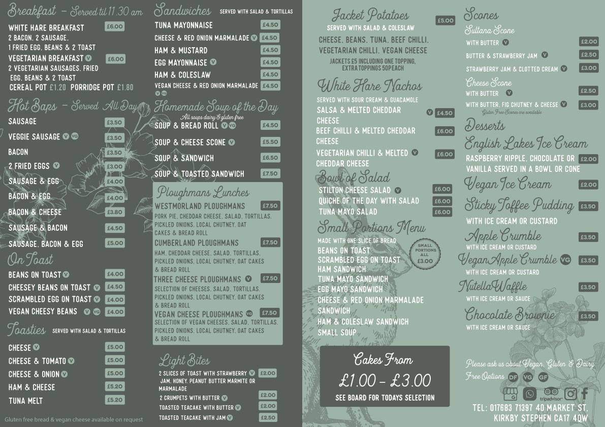 Menu at The White Hare Cafe, Kirkby Stephen