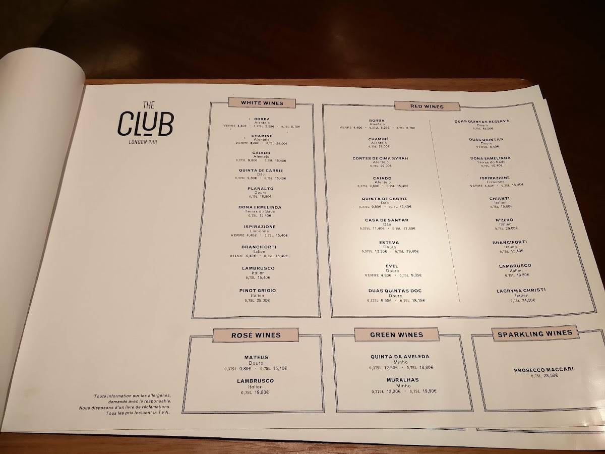 Menu em The club, London pub, Lisboa
