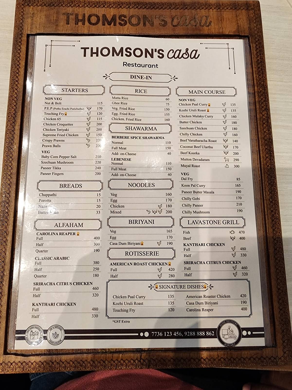 Menu at Thomson's Casa, Thrissur