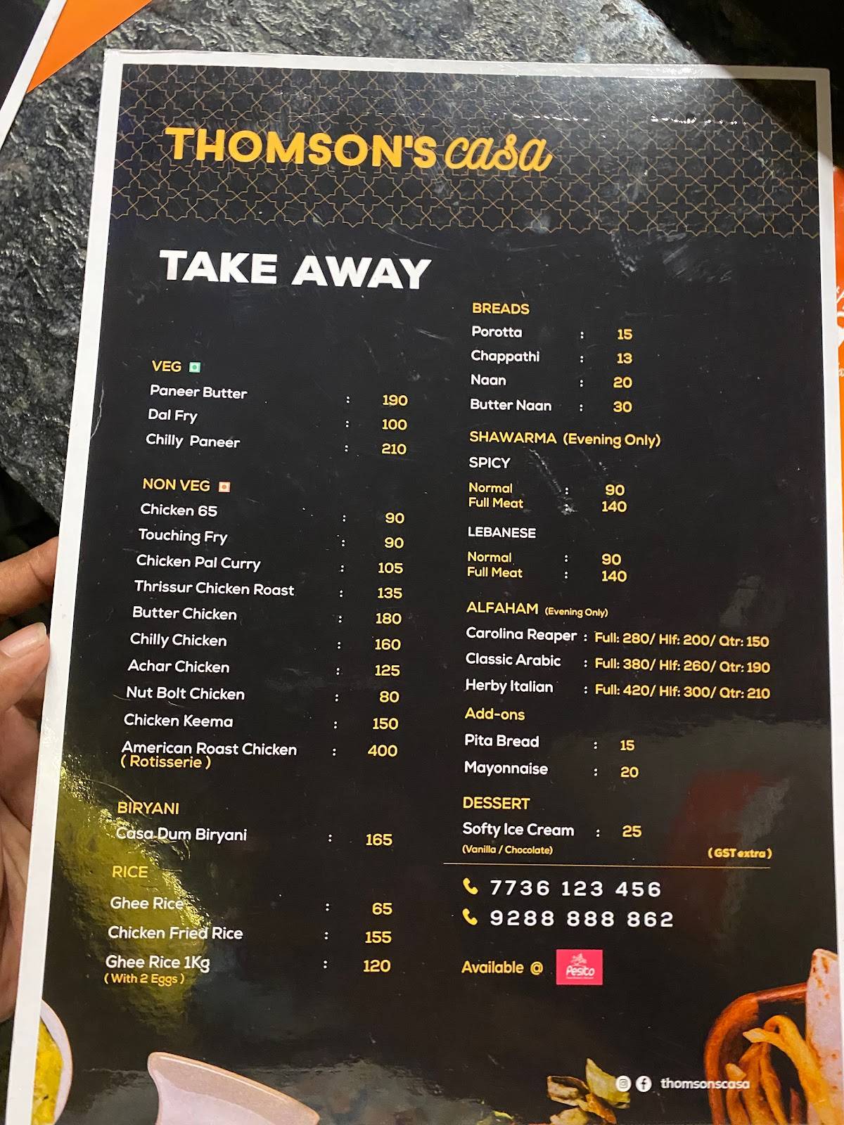 Menu at Thomson's Casa, Thrissur