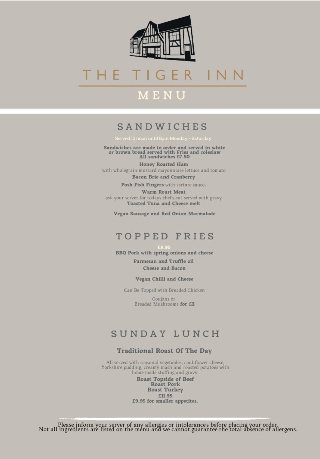 Menu at Tiger Inn pub & bar, Beverley