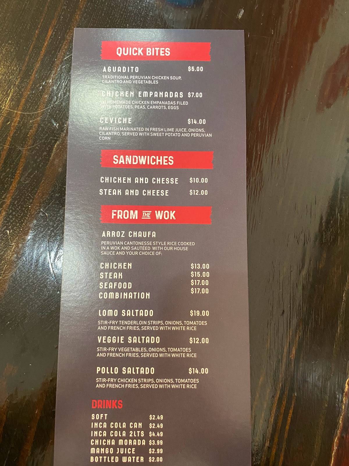 Menu at Tigo's Peruvian Express restaurant, Washington