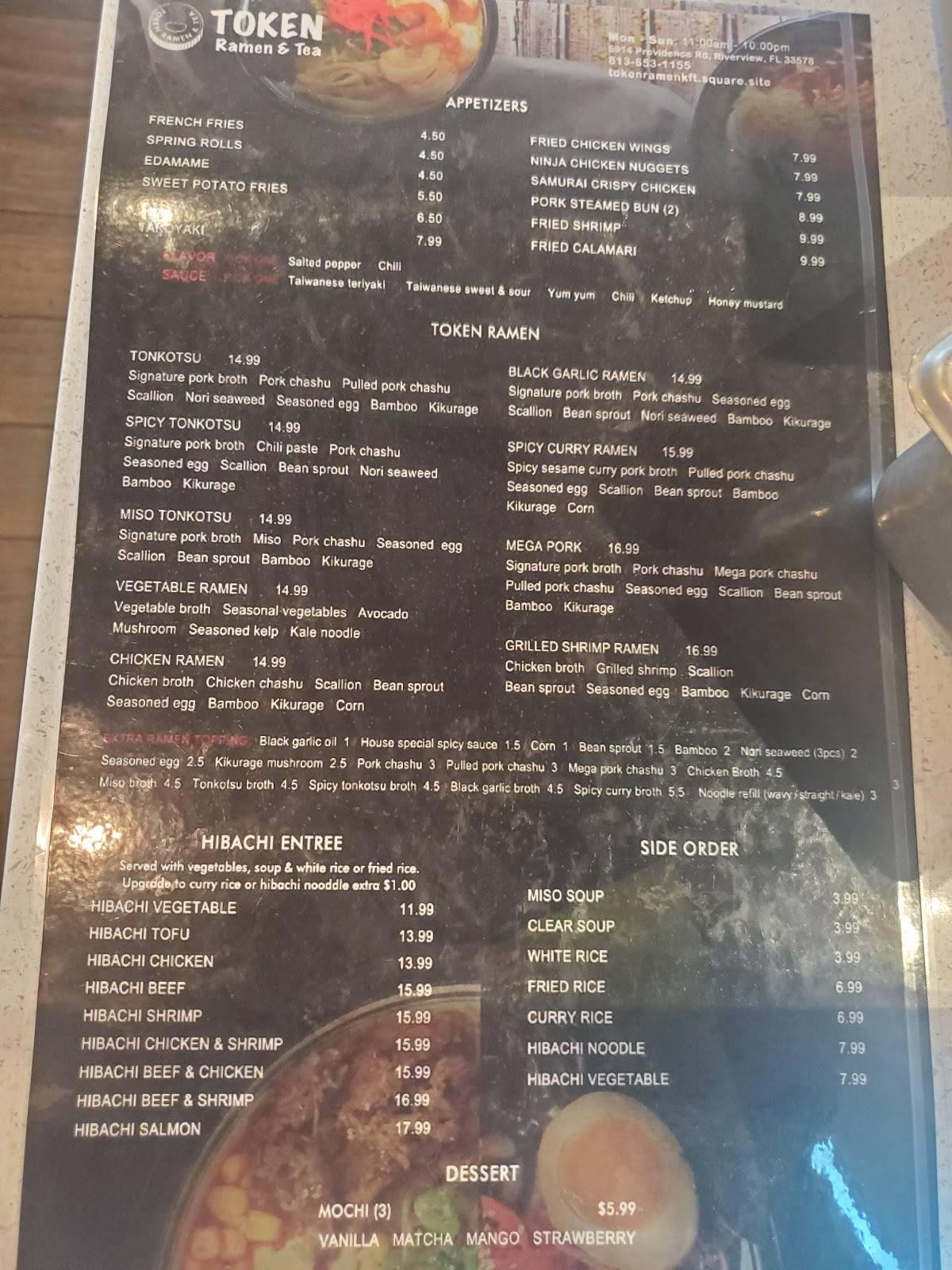 Menu at Token Ramen & Kung Fu Tea restaurant, Riverview