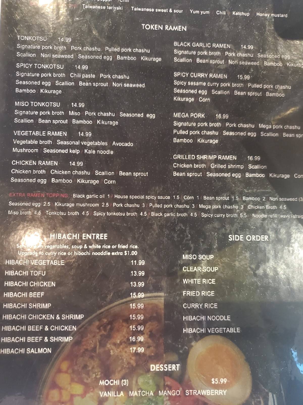 Menu at Token Ramen & Kung Fu Tea restaurant, Riverview