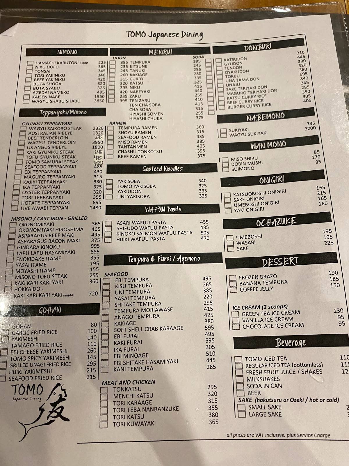 Menu at Tomo Japanese Dining restaurant, San Juan
