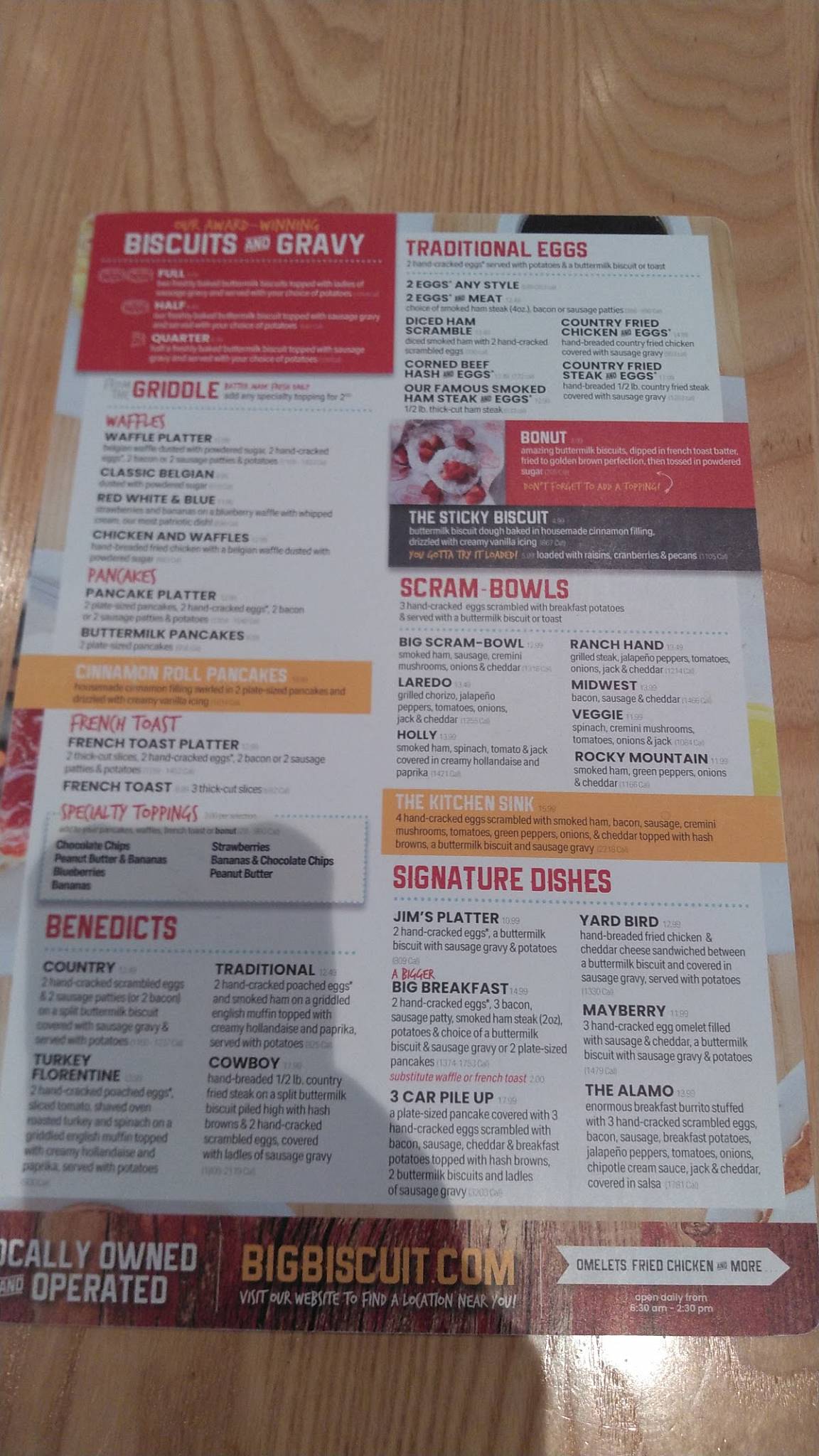 Menu at The Big Biscuit restaurant, Topeka