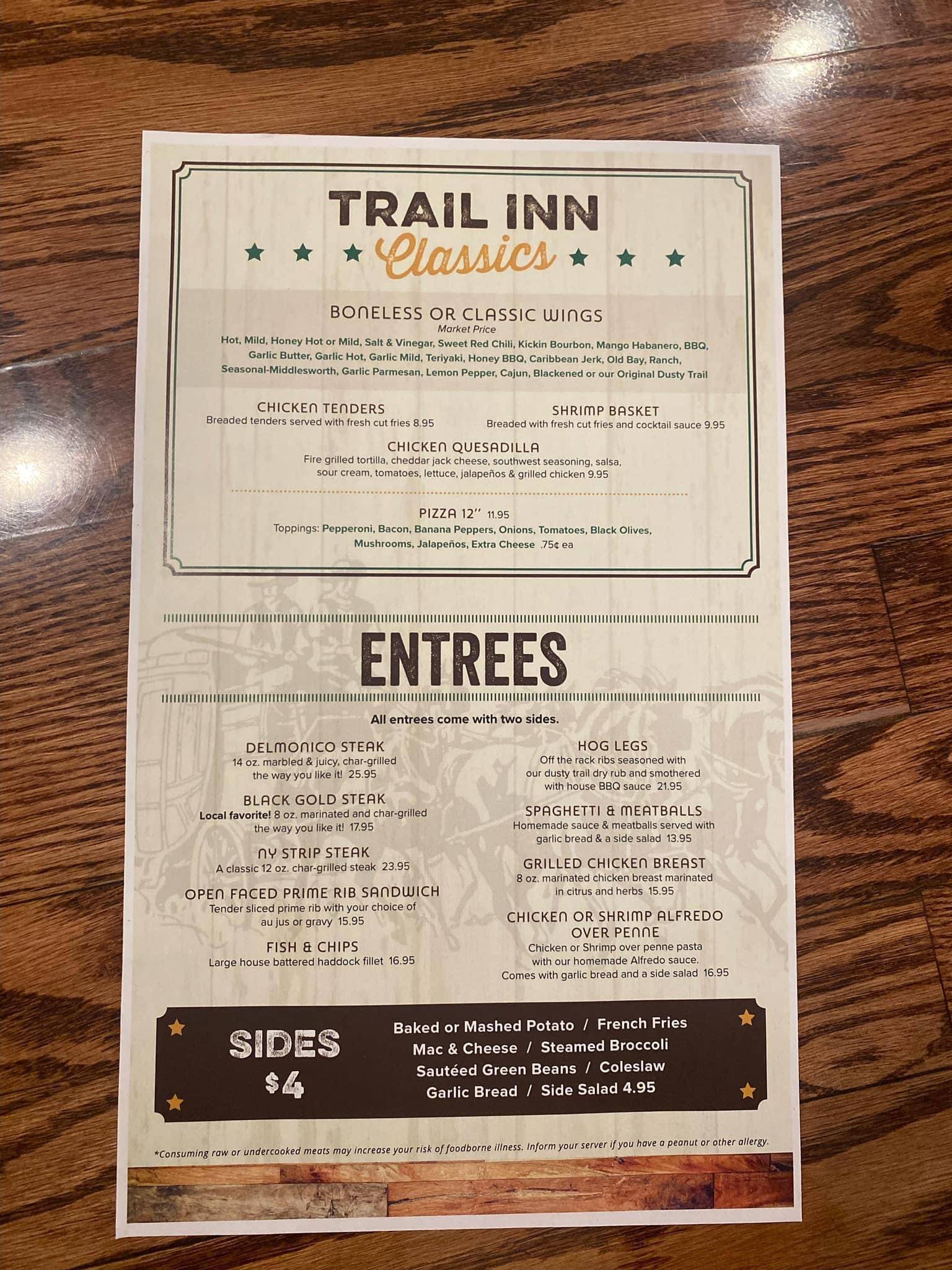 Menu at Trail Inn restaurant, Williamsport, Lycoming Creek Rd