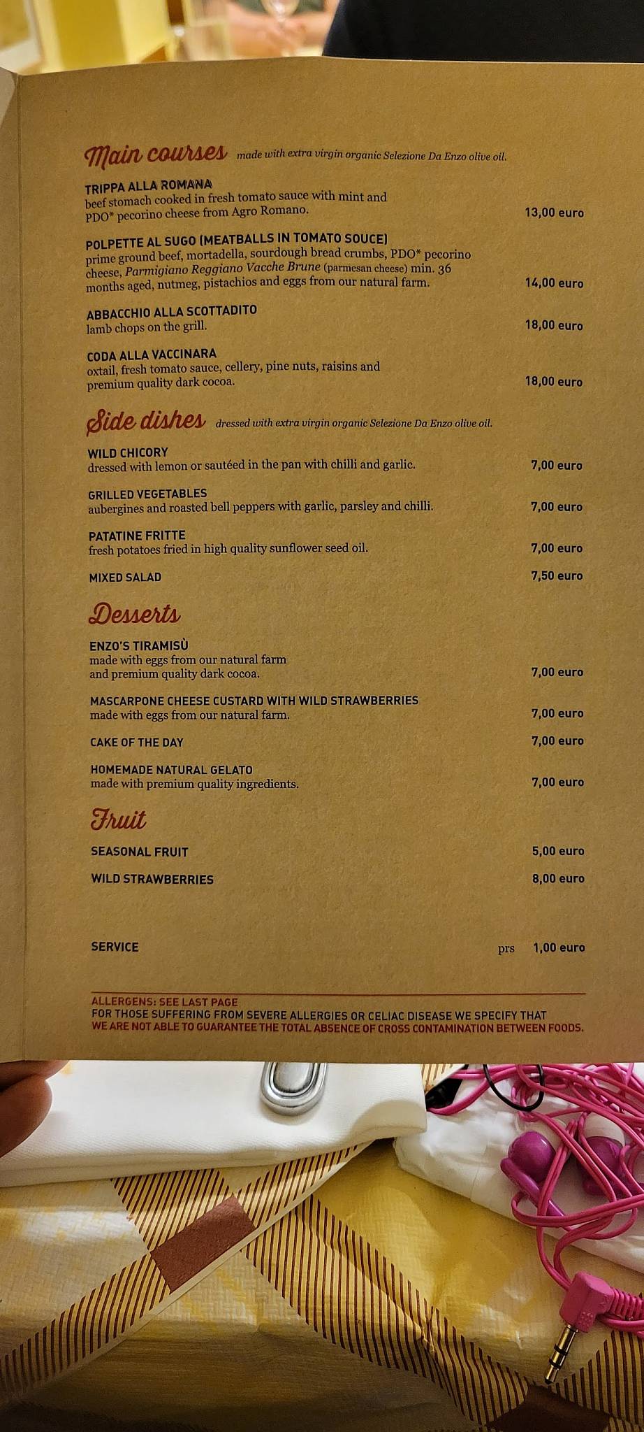 Menu at Trattoria Da Enzo al 29 restaurant, Rome