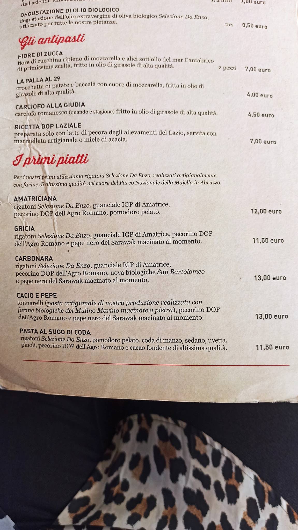 Menu at Trattoria Da Enzo al 29 restaurant, Rome