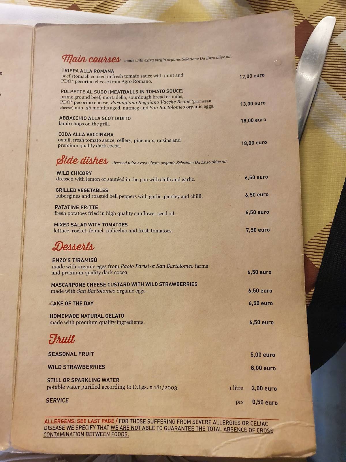 Menu at Trattoria Da Enzo al 29 restaurant, Rome