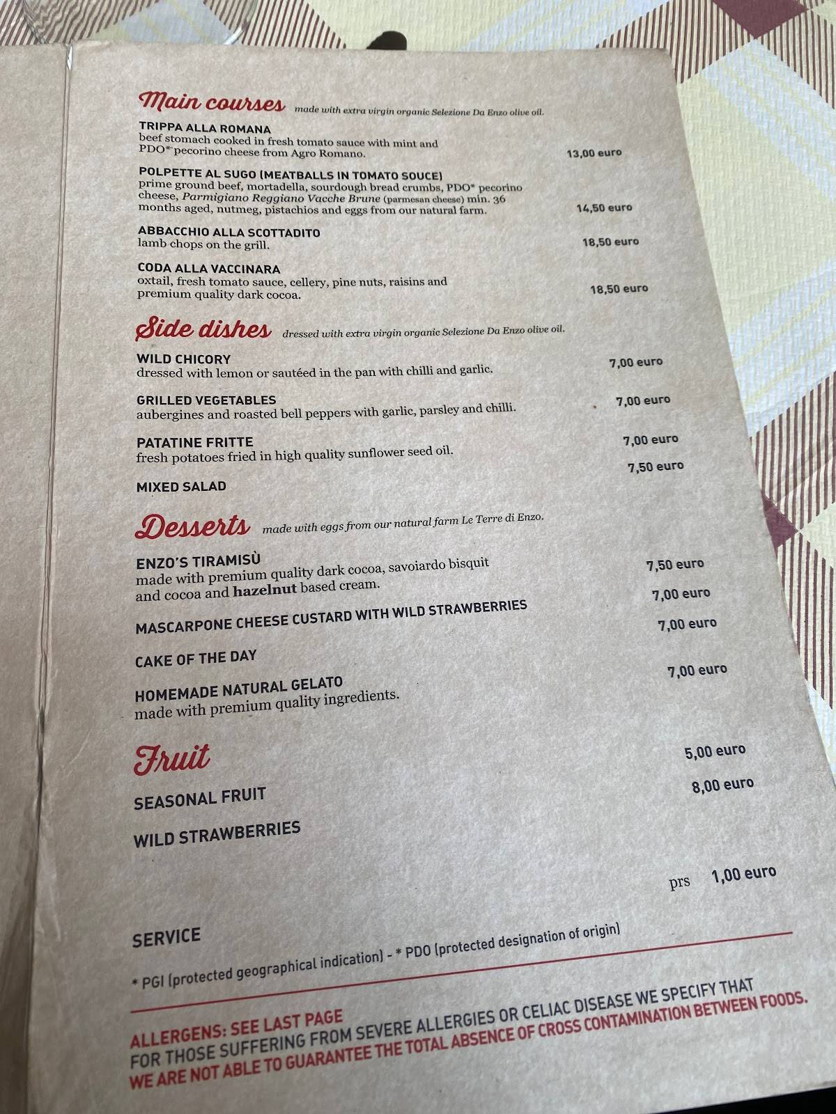 Menu at Trattoria Da Enzo al 29 restaurant, Rome