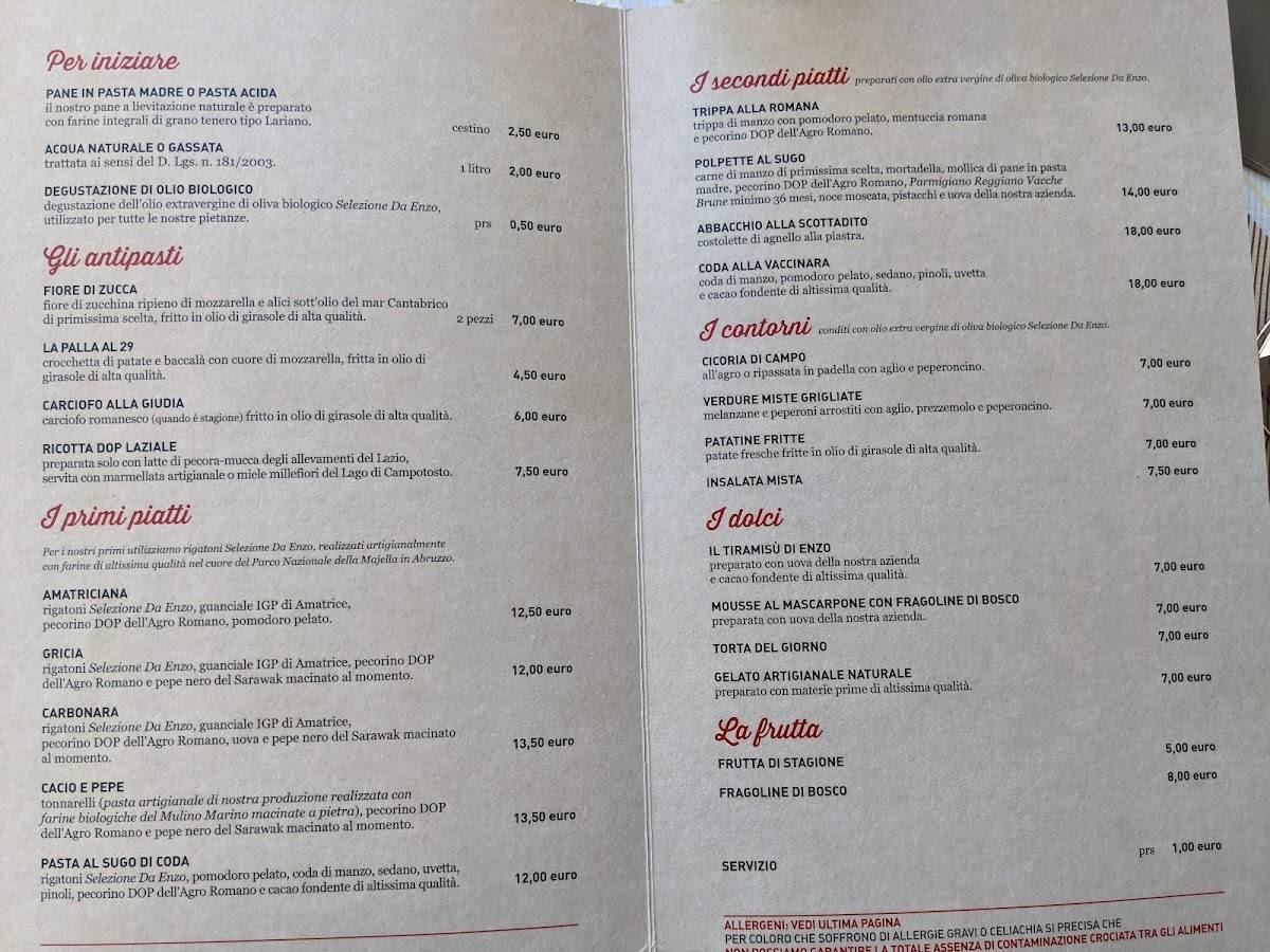 Menu at Trattoria Da Enzo al 29 restaurant, Rome