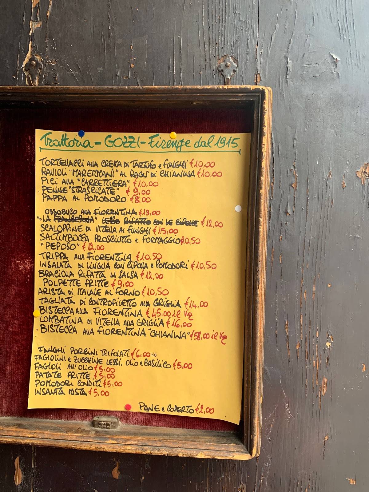 Menu at Trattoria Sergio Gozzi restaurant, Florence