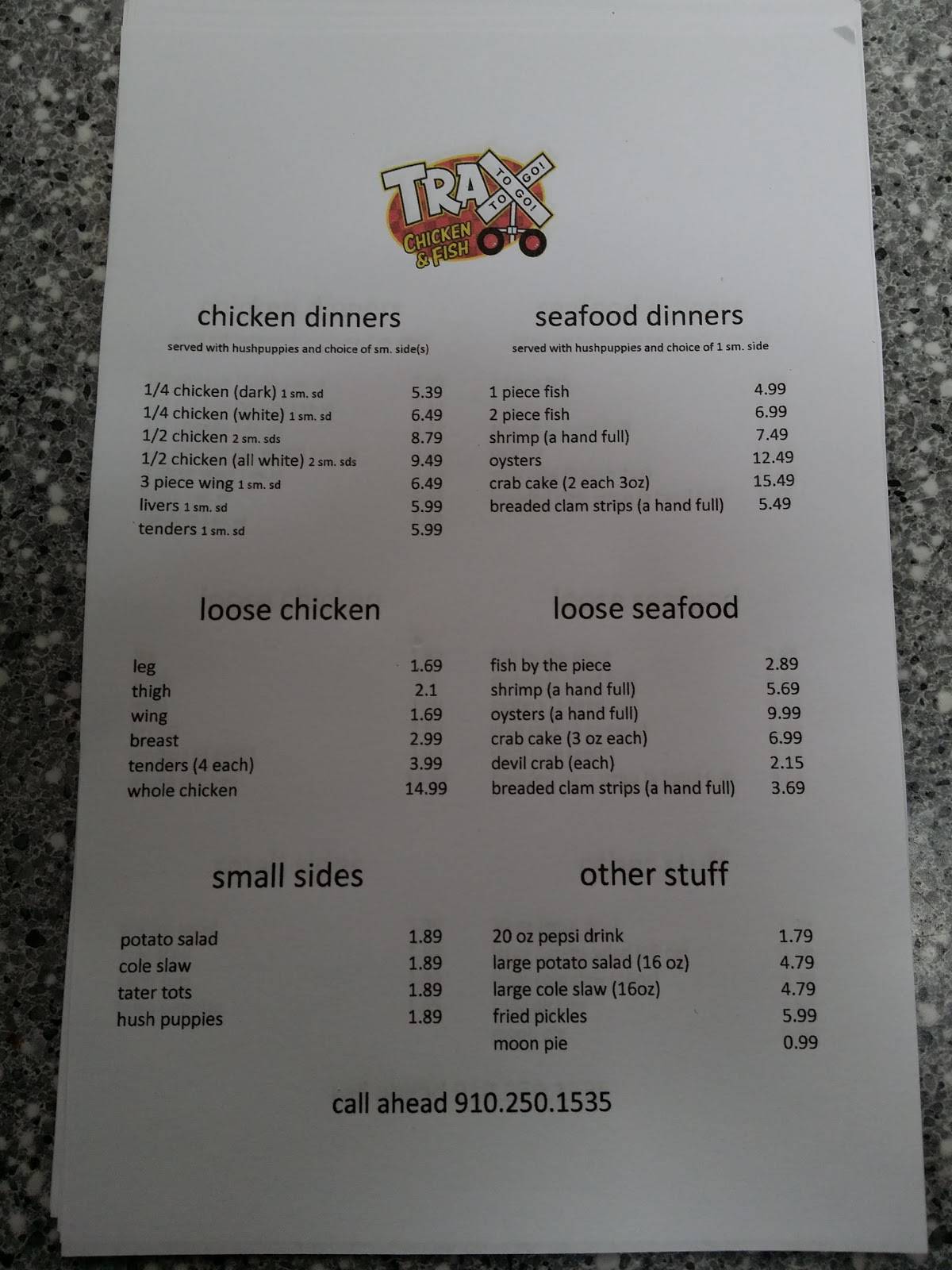 Menu at Trax Chicken and Fish To Go restaurant, Oak Island