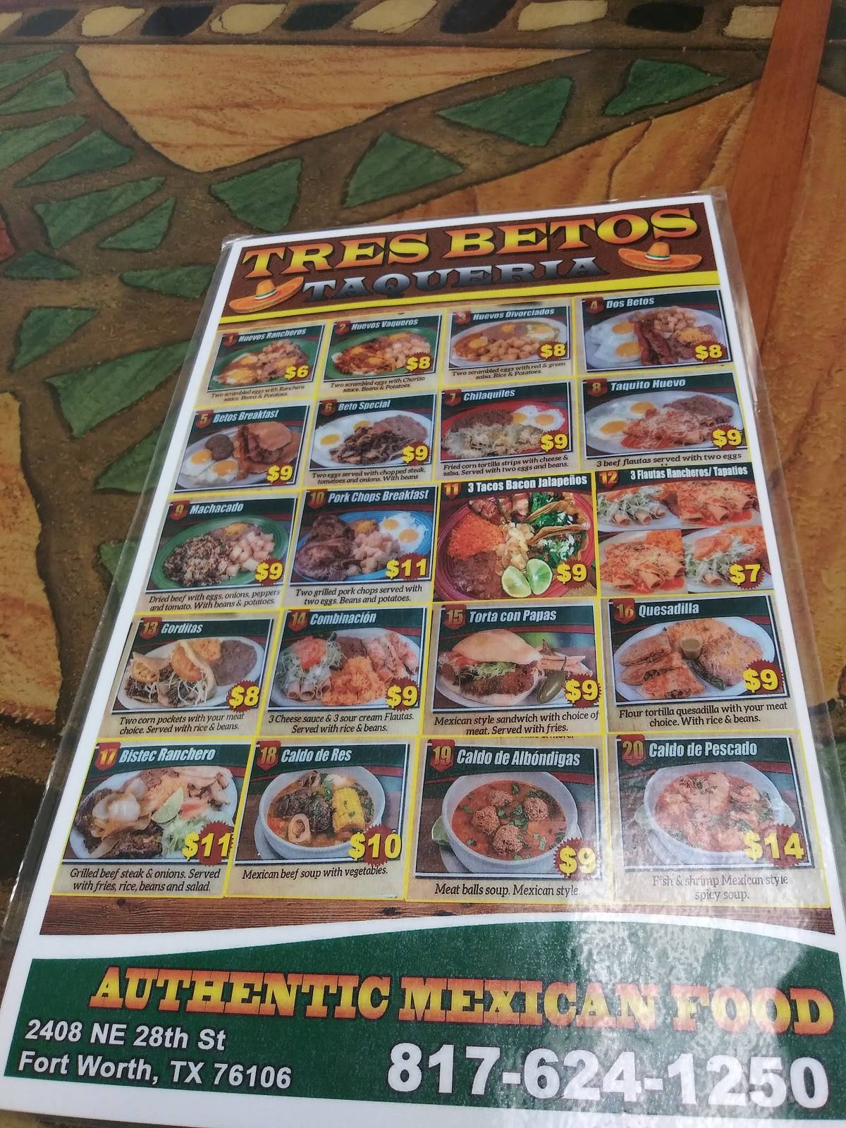 Menu at Tres Betos Taqueria restaurant, Fort Worth
