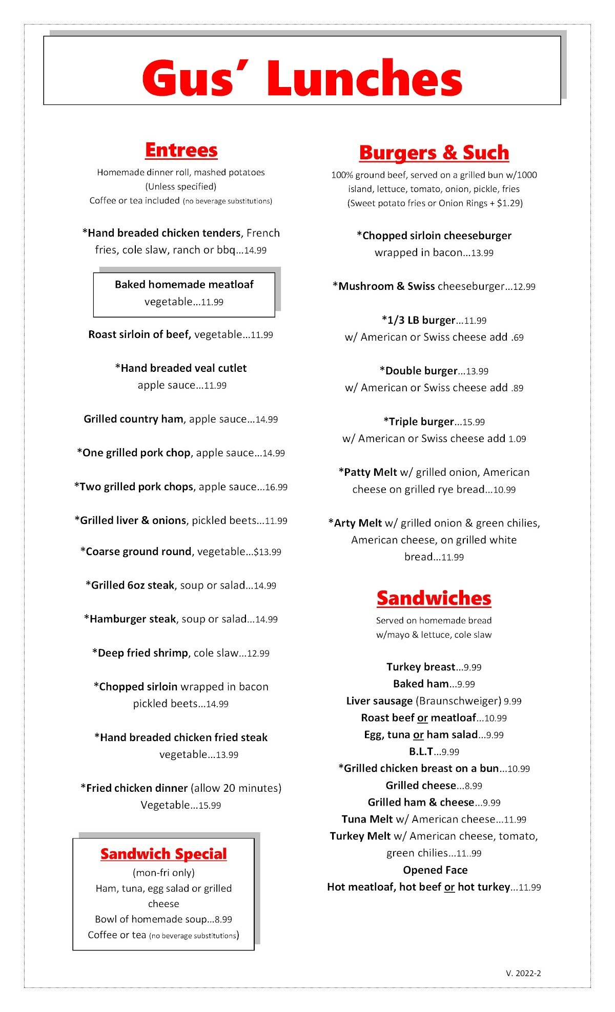 Menu at Gus Balon's Restaurant, Tucson