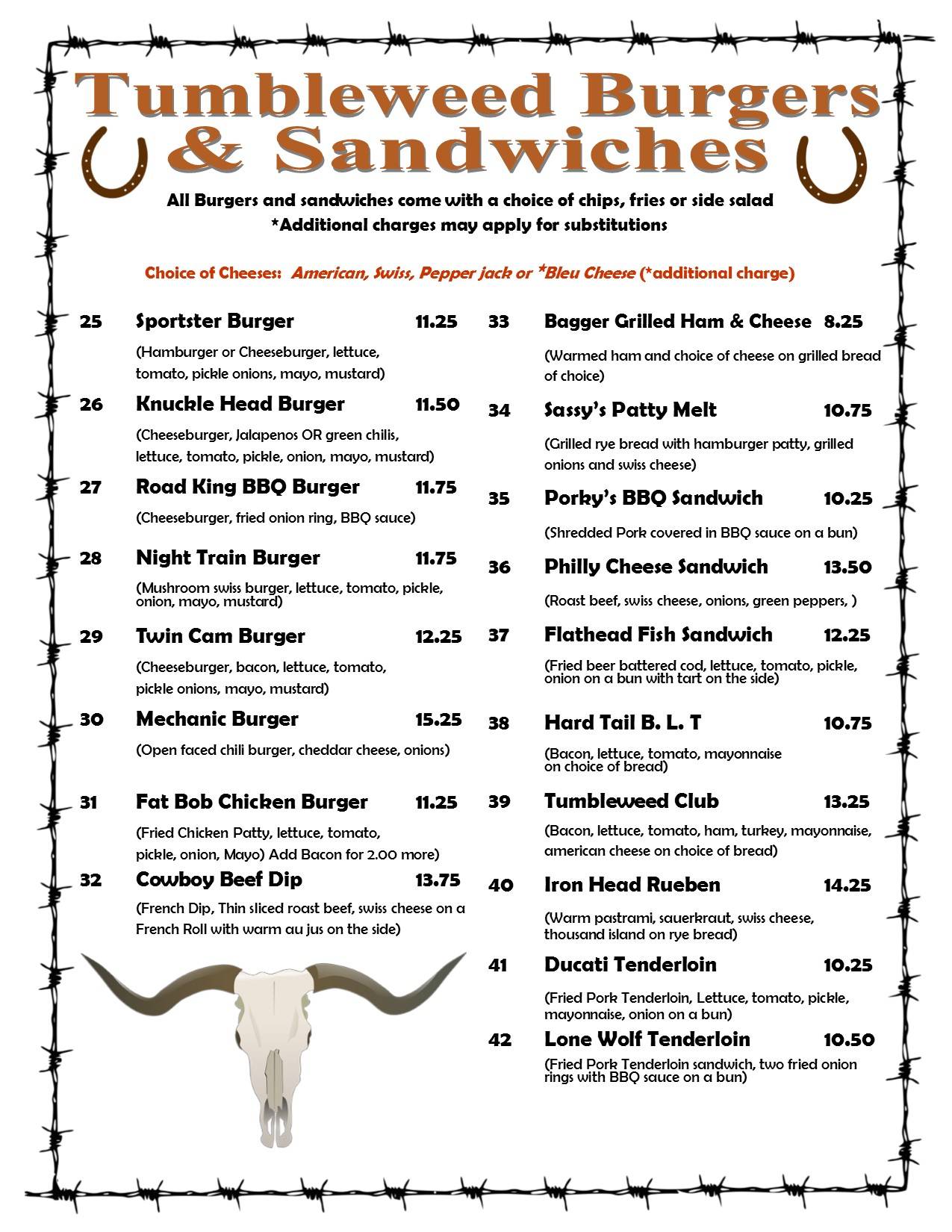 Menu at Tumbleweed Inn pub & bar, Eloy