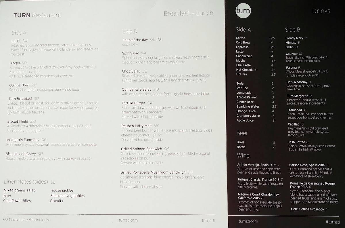 Menu at Turn restaurant, St. Louis
