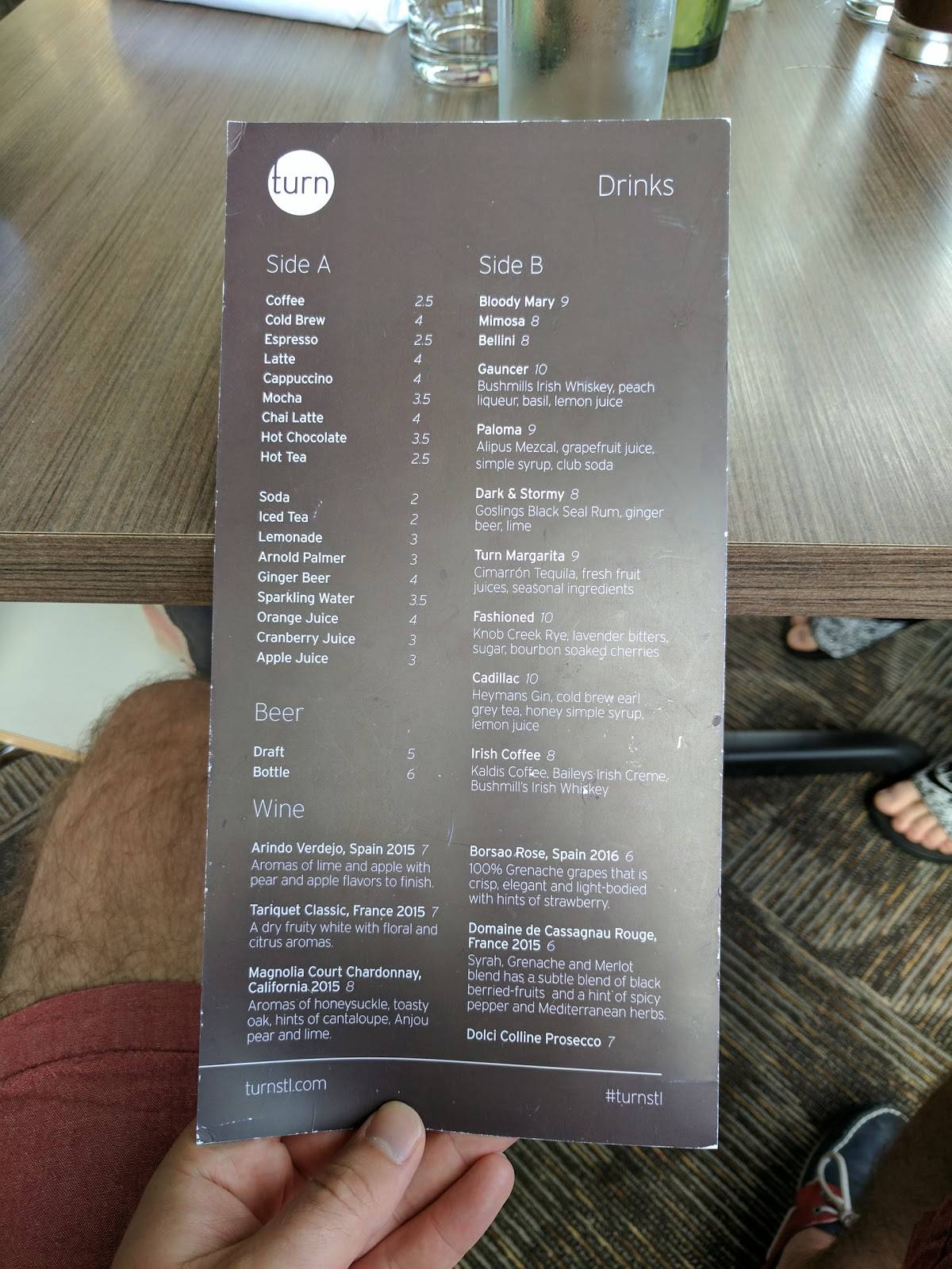 Menu at Turn restaurant, St. Louis