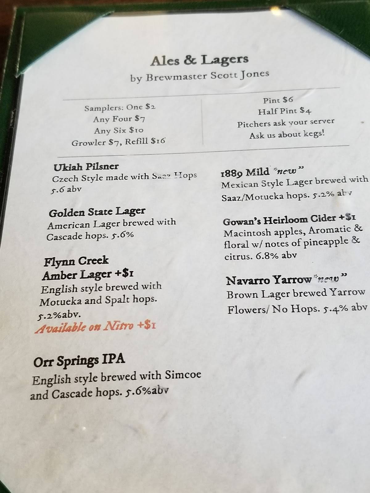 Menu at Ukiah Brewing Company restaurant, Ukiah