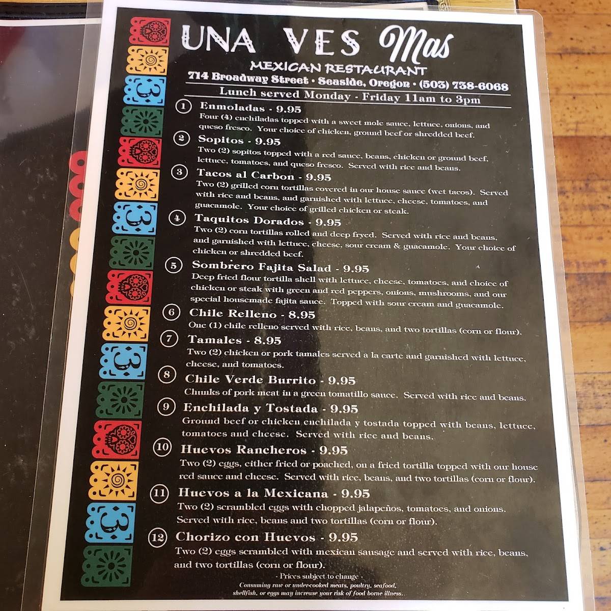 Menu at Una Ves Mas Mexican Restaurant, Seaside