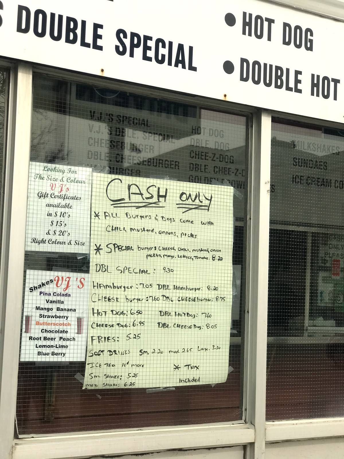 Menu at VJ's Drive Inn restaurant, Winnipeg