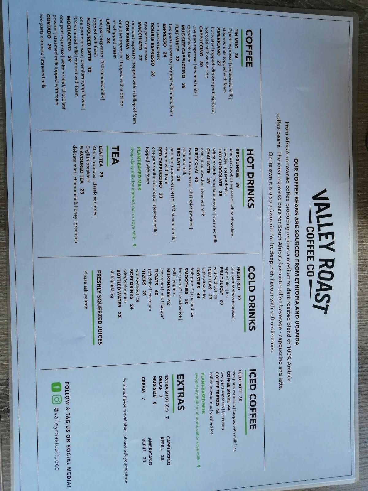 Speisekarte von Valley Roast Coffee Co cafe, Kapstadt