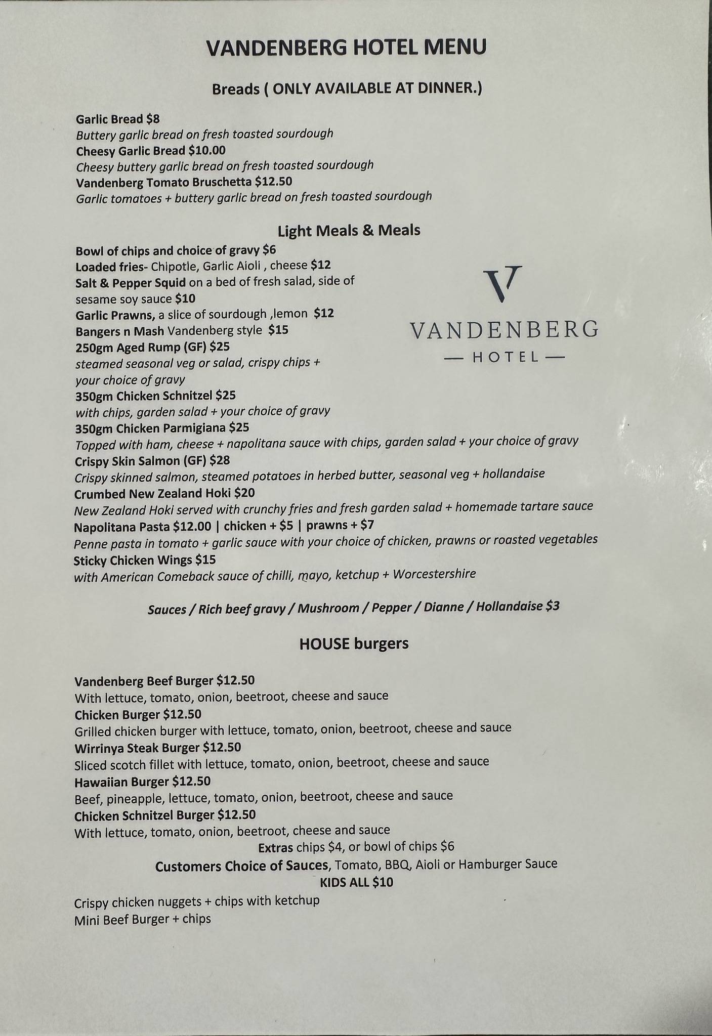 Menu at Vandenberg Hotel Forbes restaurant, Forbes
