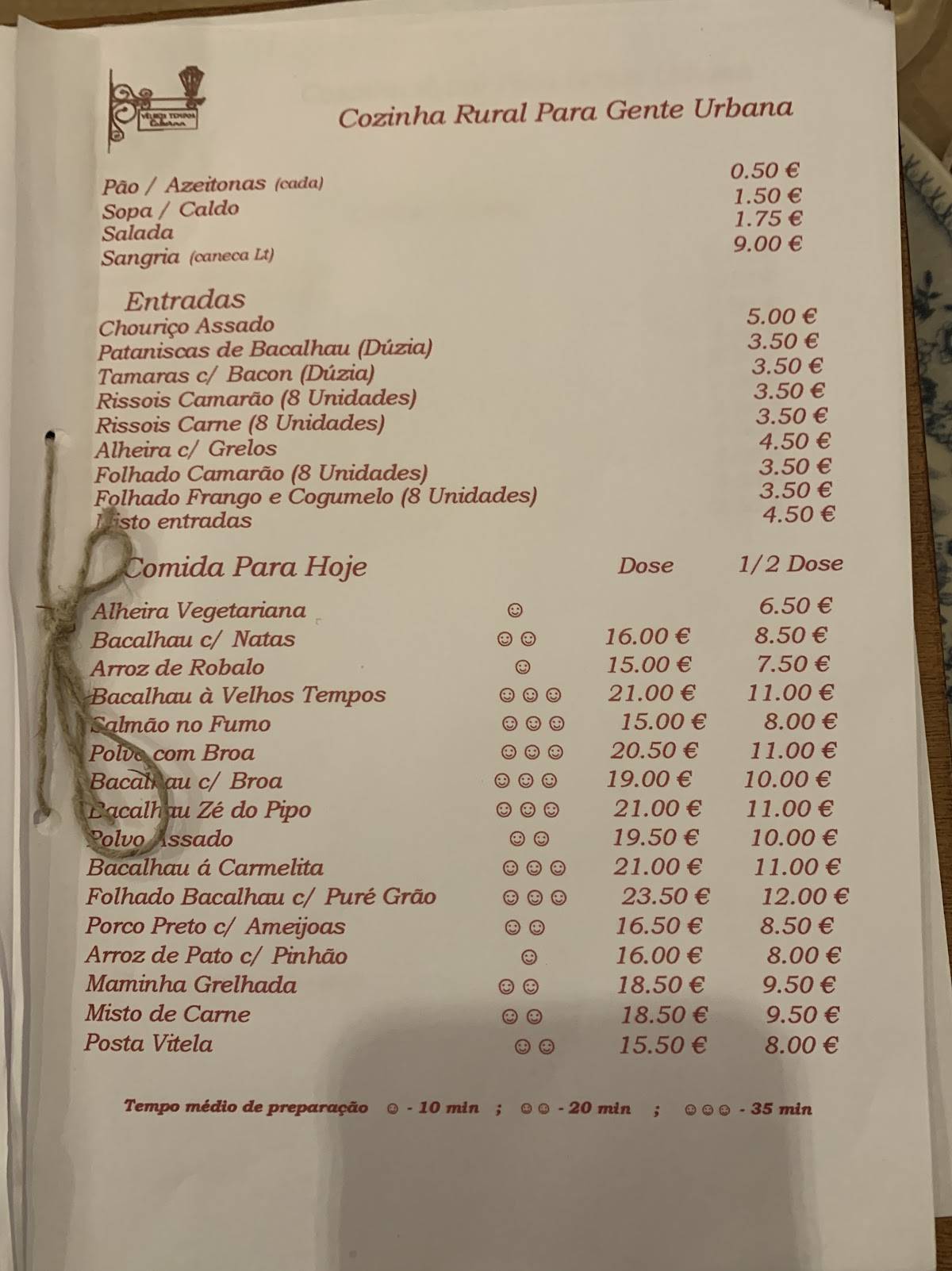 Carta de Restaurante Velhos Tempos, Braga