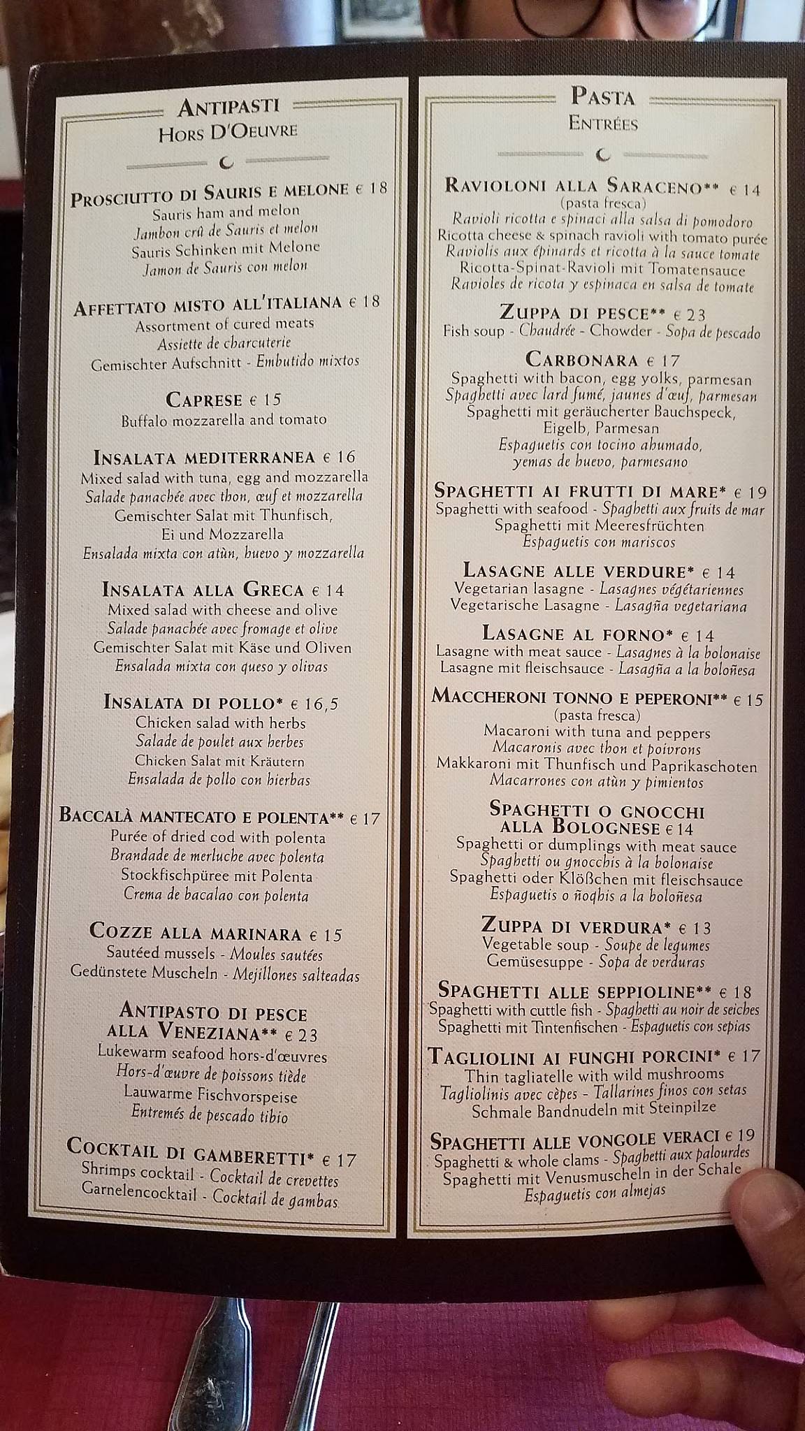 Menu at Ristorante Caffè Saraceno, Venice
