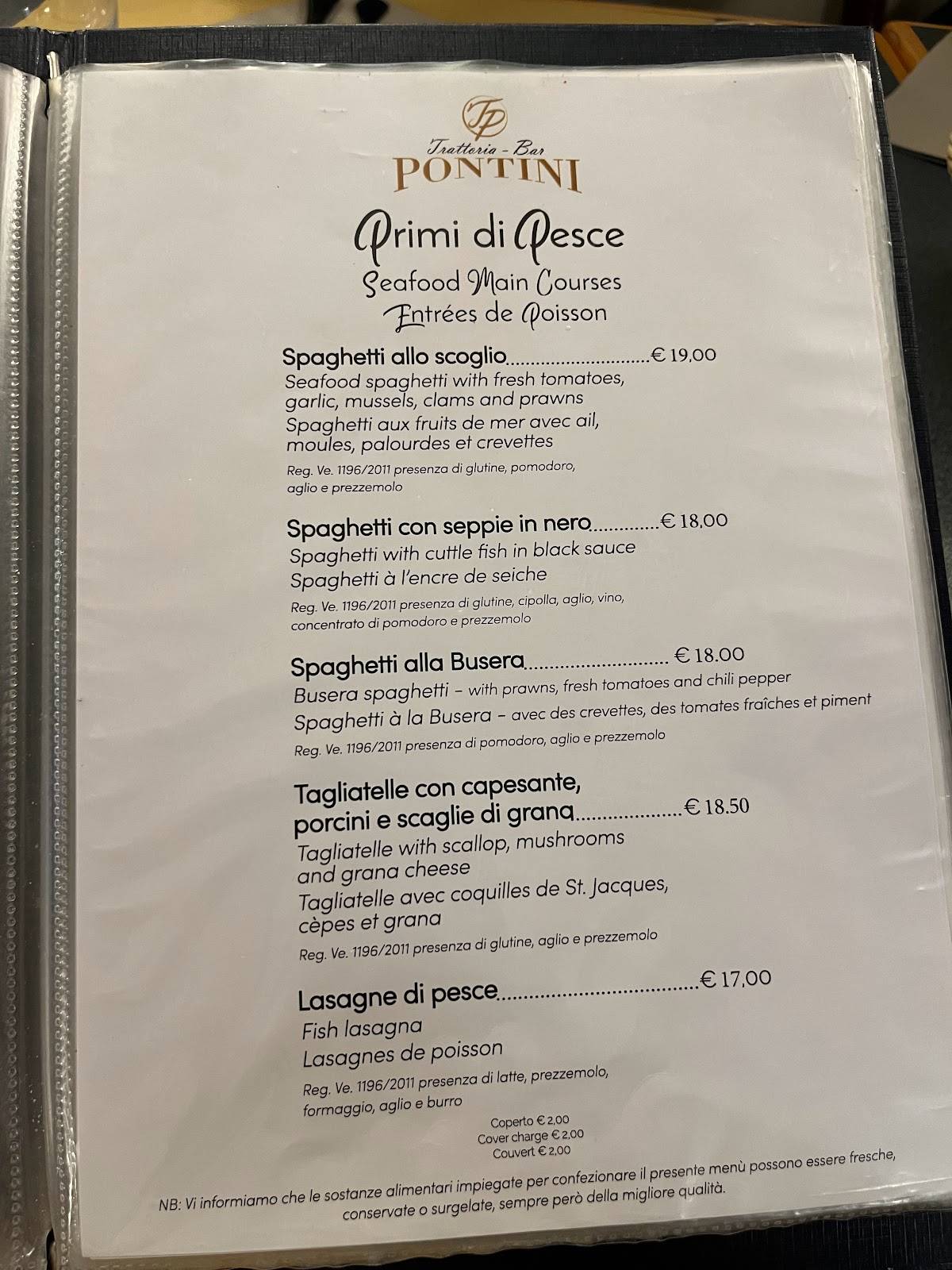 Menu at Trattoria Bar Pontini, Venice, Cannaregio