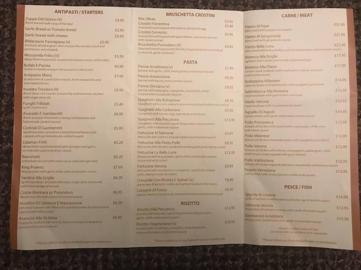 Menu at Verona restaurant, Morden, 20 Morden Ct