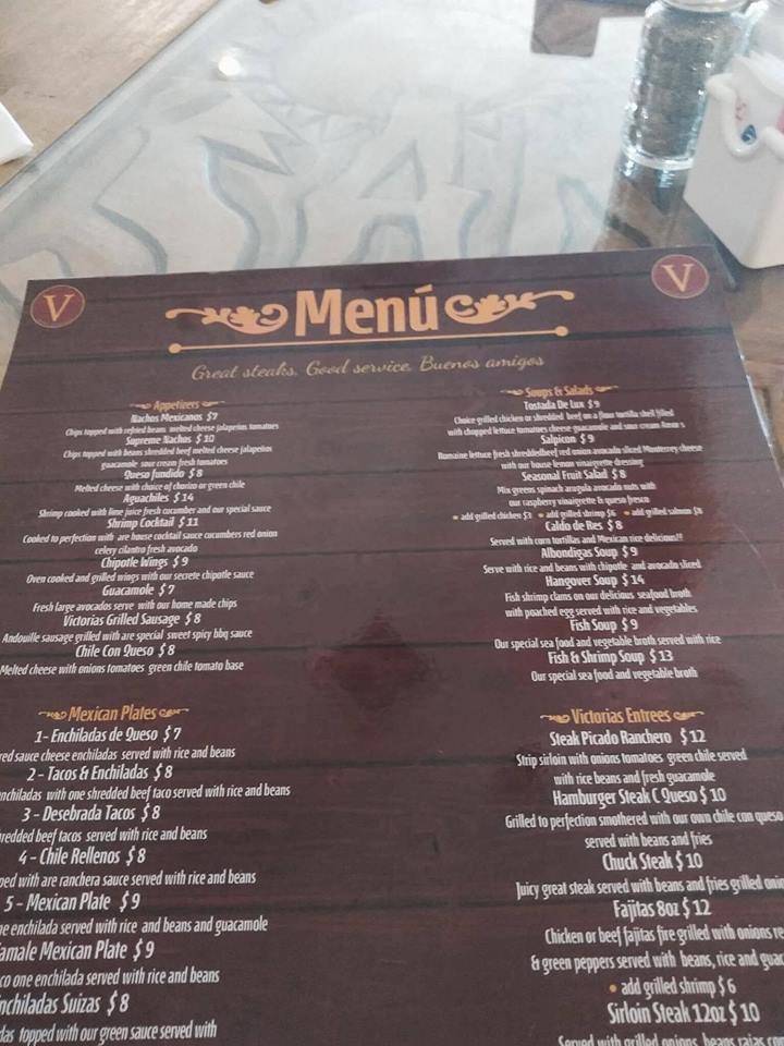 Menu at Victoria's Mexican Grill restaurant, Canutillo