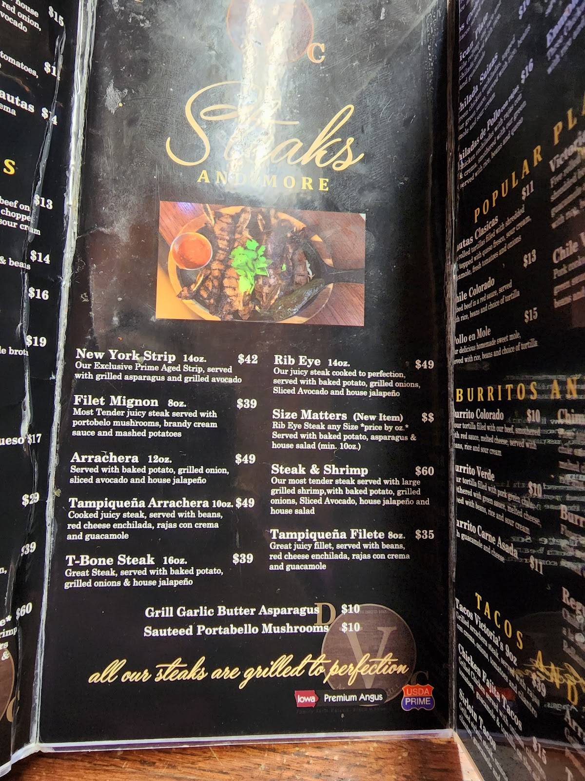 Menu at Victoria's Mexican Grill restaurant, Canutillo