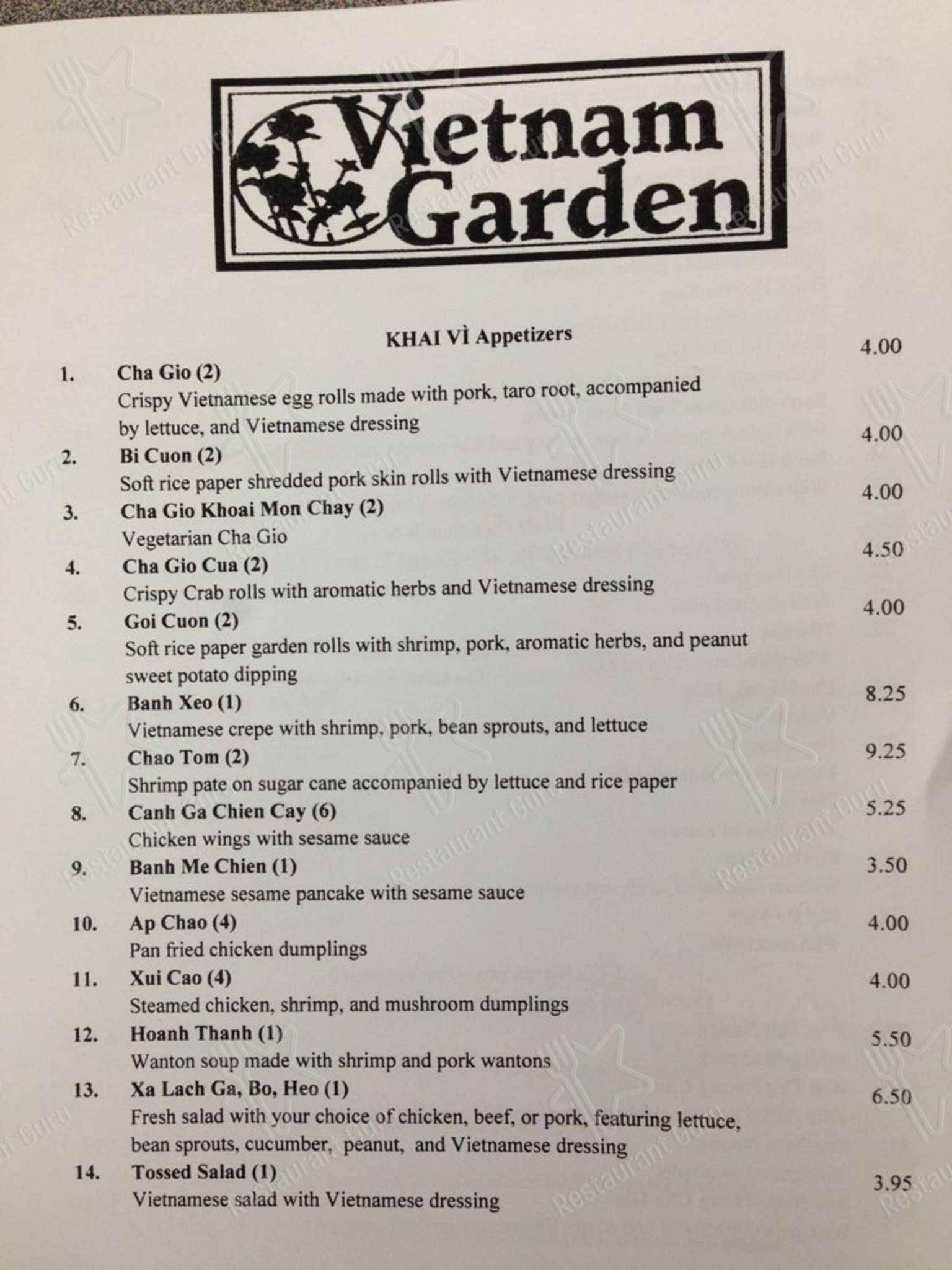 Menu at Vietnam Garden restaurant, Virginia Beach