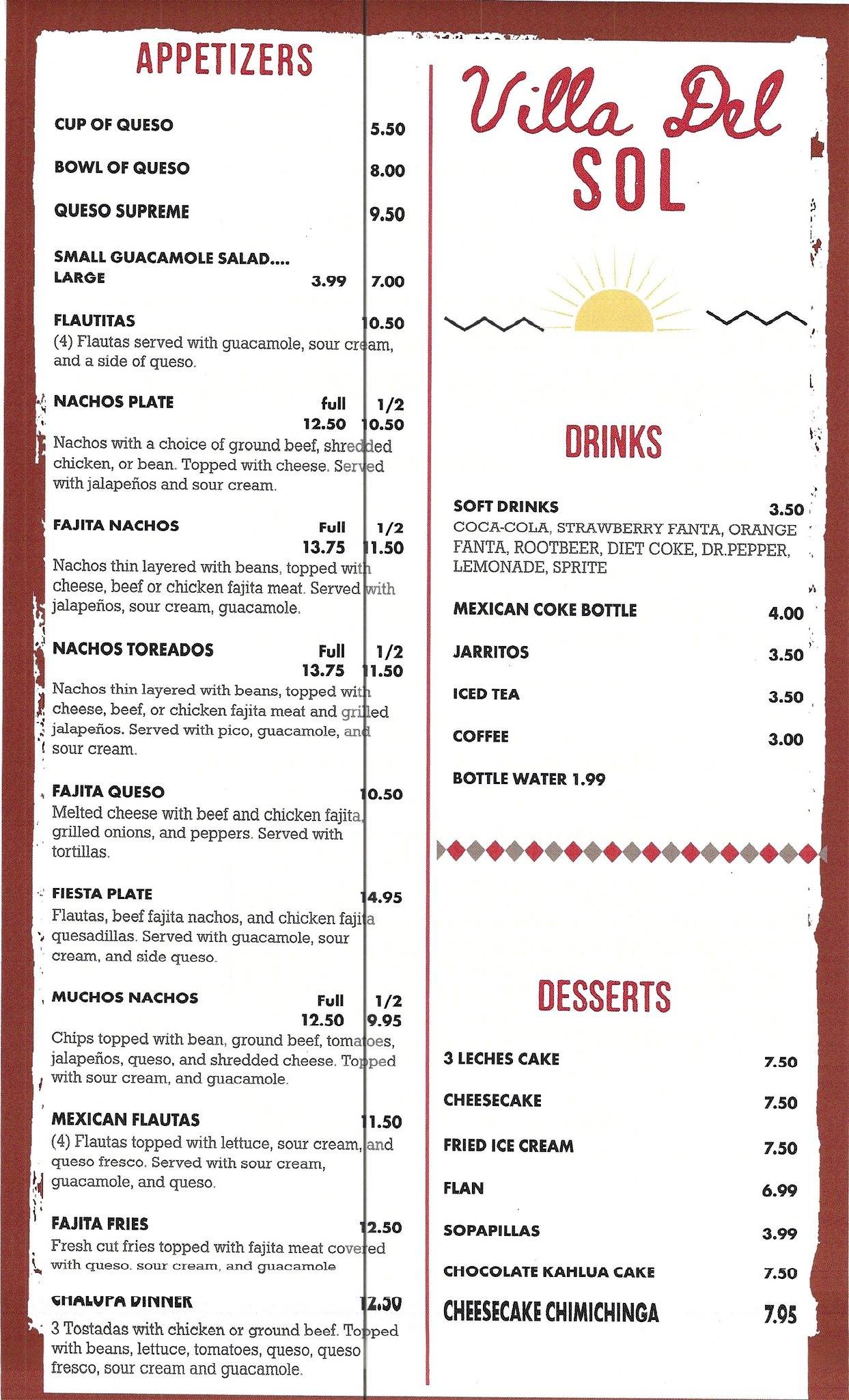 Menu at Villa Del Sol Mexican Restaurant, Azle