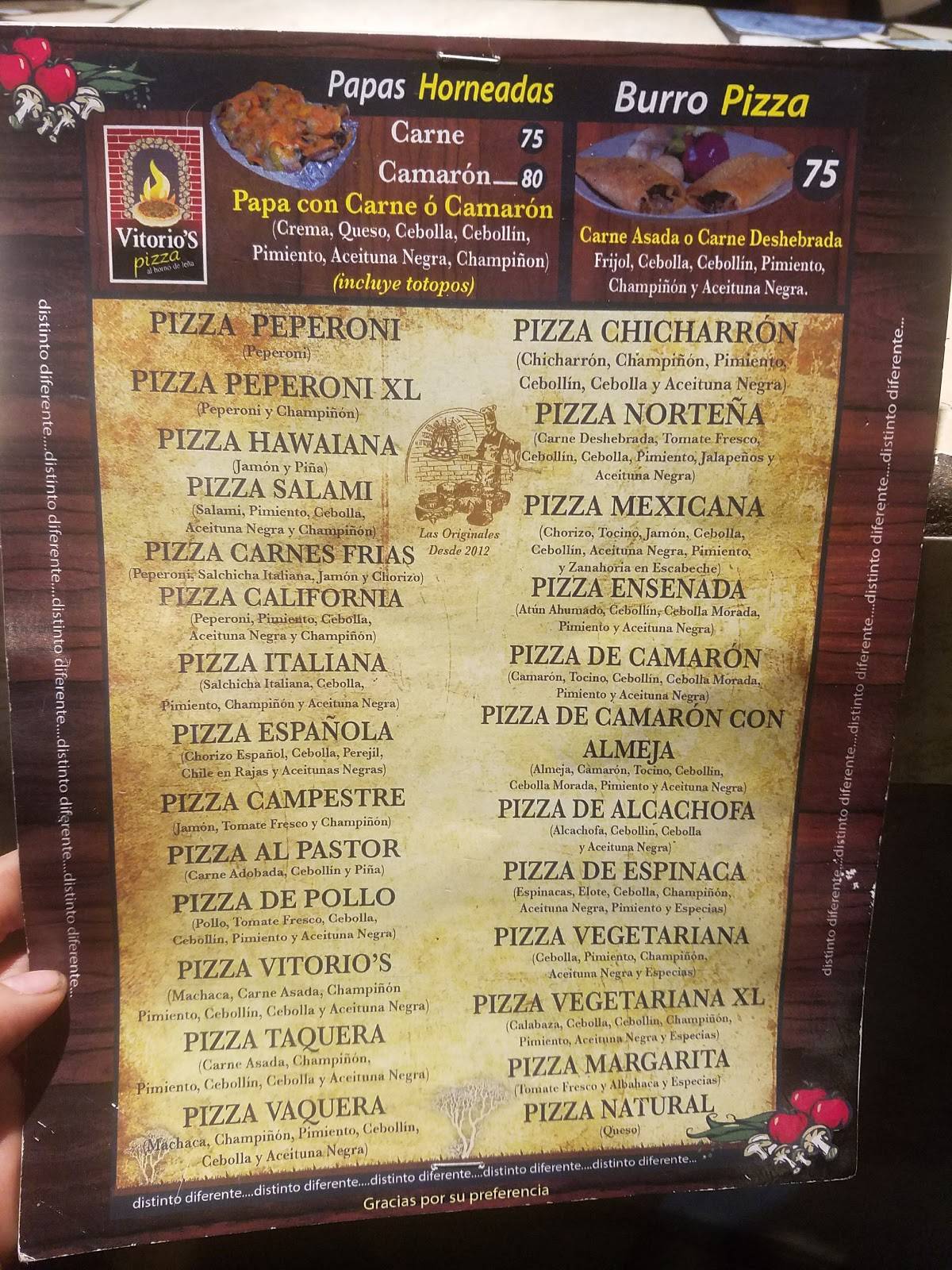 Carta de pizzería Vittorio's Pizza, Tecate