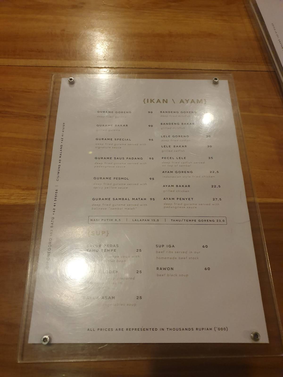 Menu at Warung Bethania Batu restaurant, Batu